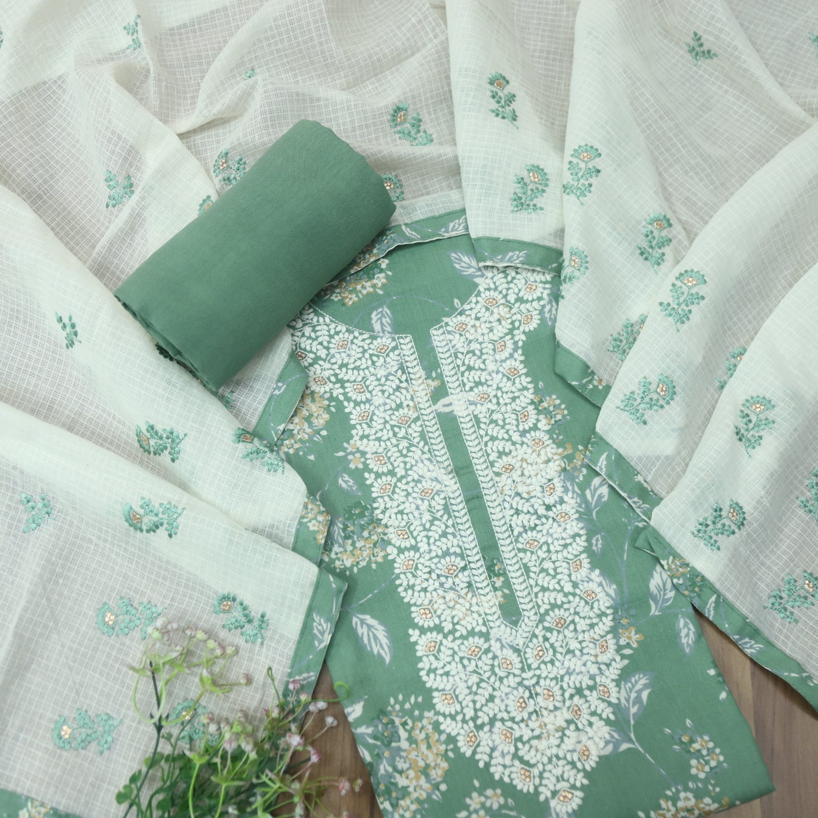 Dhaang Sage Green Chikankari Inspired Neck wth Foil Work Floral Print – Desisandook Enterprises ...