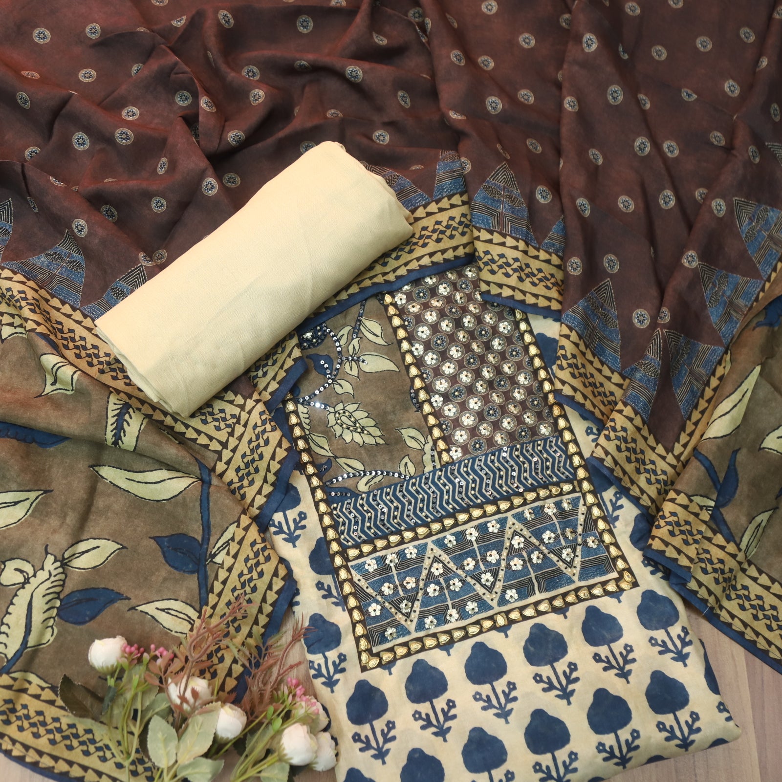 Dhaang Buttermilk Beige Embellished Neckline Floral Print Muslin Suit – Desisandook Enterprises ...