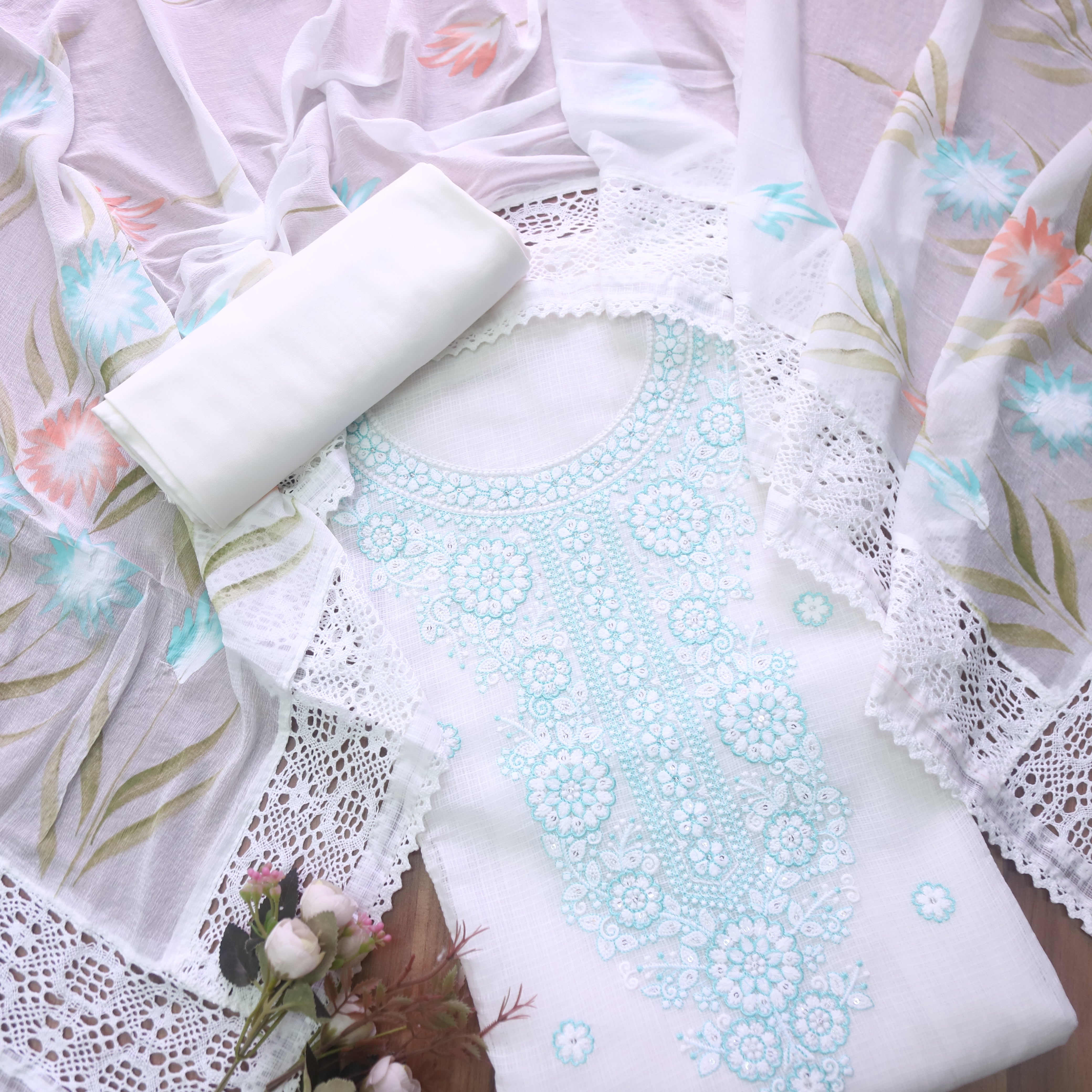 Gul Ivory White with Sea Green Thread Neck Work Kota Doriya Suit Set – Desisandook Enterprises ...