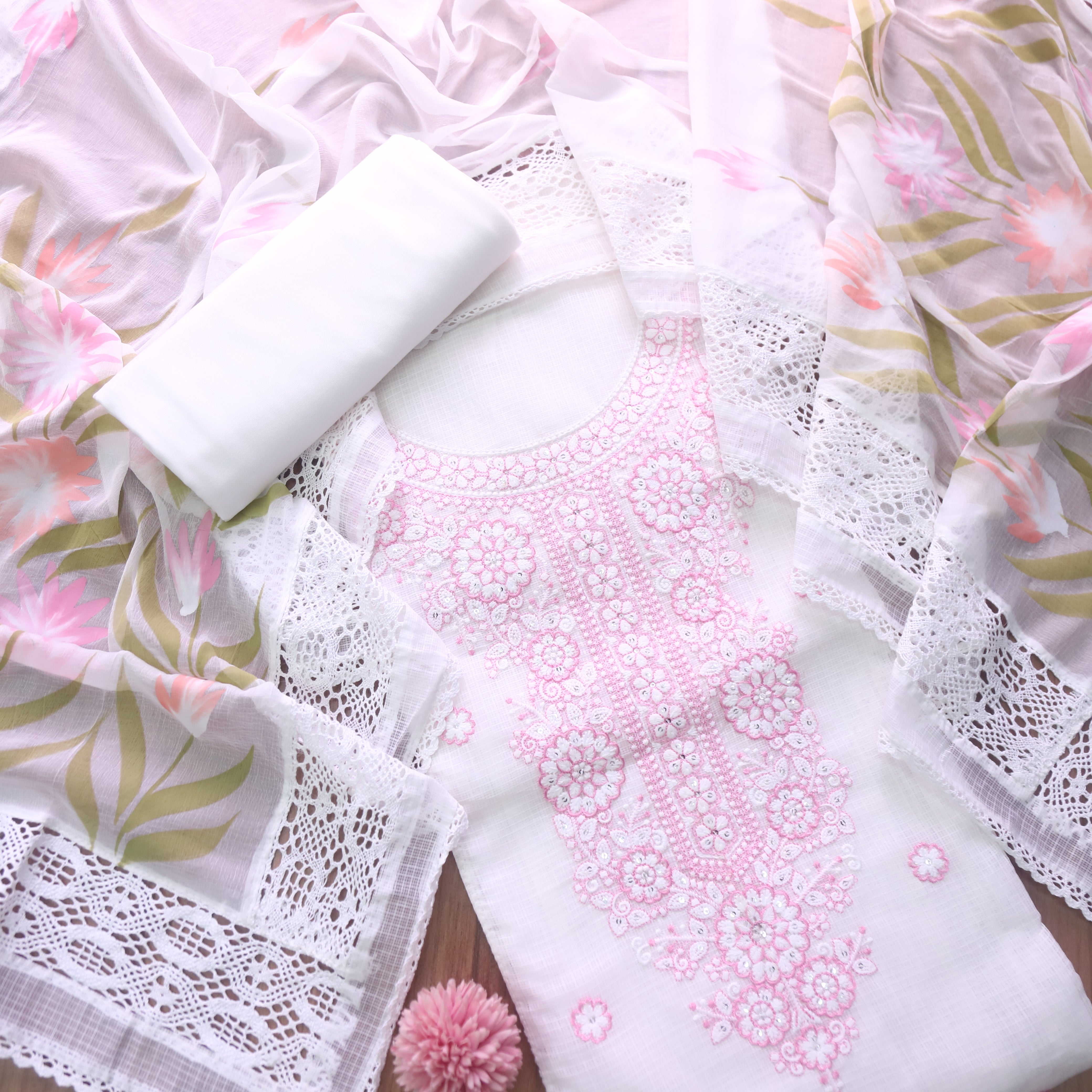 Gul Ivory White with Pink Thread Neck Work Kota Doriya Suit Set – Desisandook Enterprises ...