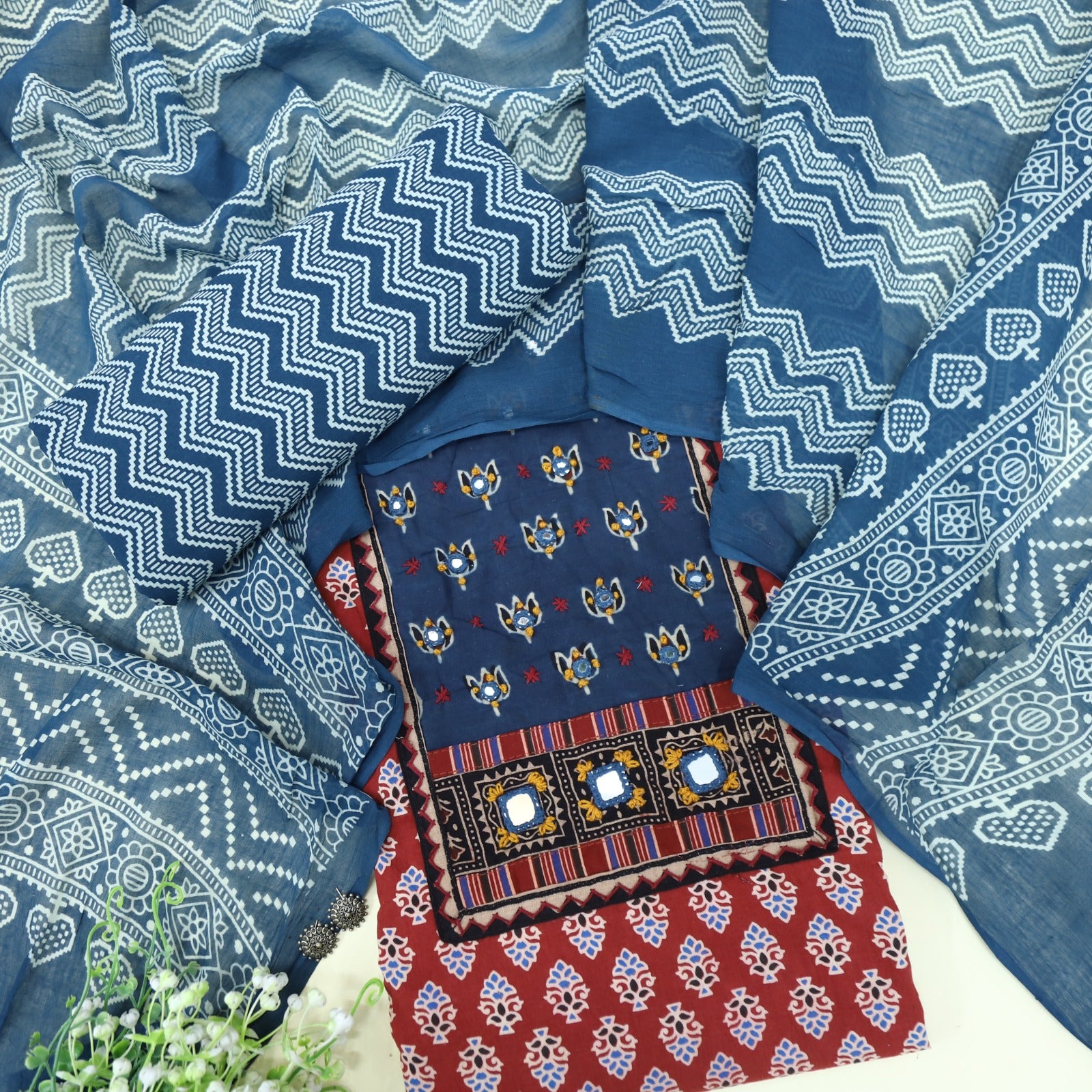 Sukhmani Cherry Red Mirror Work with Ajrak Printed Cotton Suit Set – Desisandook Enterprises ...