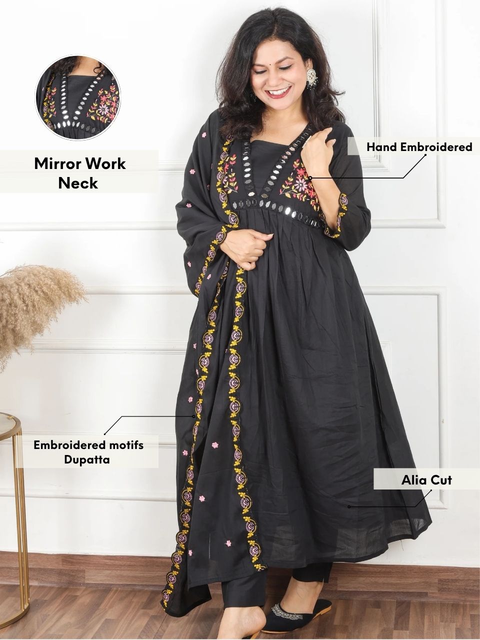 Malikaa Ebony Black Thread Embroidered with Mirror Work in Alia Cut 3 ...