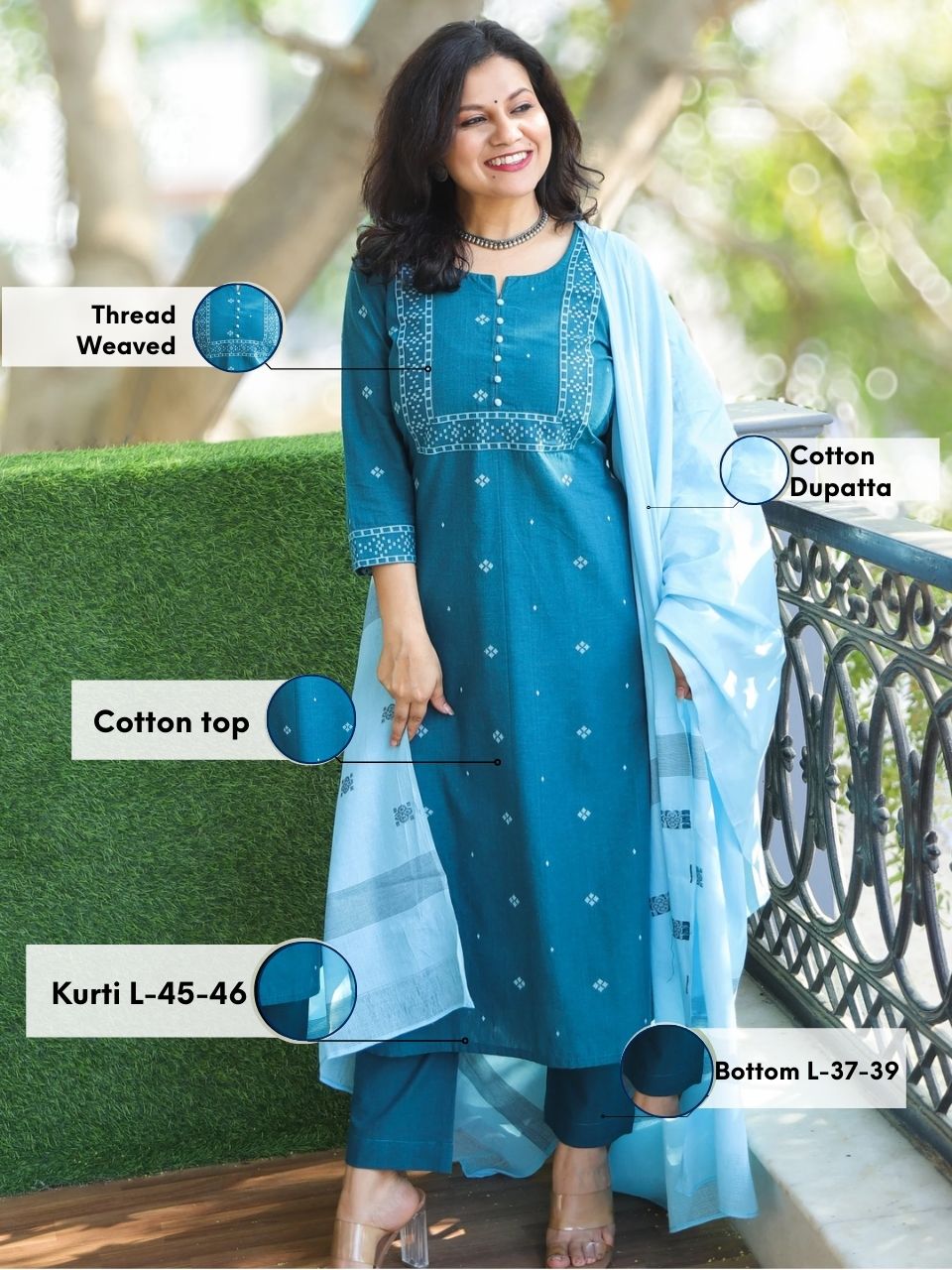 Wamiqa Arabian Teal All Over Thread Weaved Handloom Cotton 3 Piece Set ...