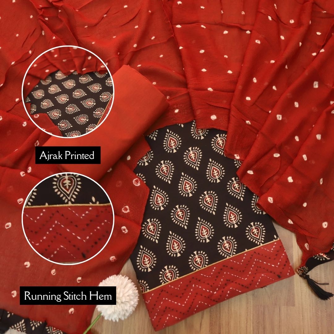 Hayaat Oil Black All Over Ajrak Printed Cotton Top with Chiffon Dupatt ...