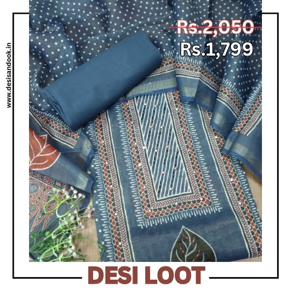 Paalki Denim Blue Patra in Panel Print Shimmer Tissue Linen Suit Set ...