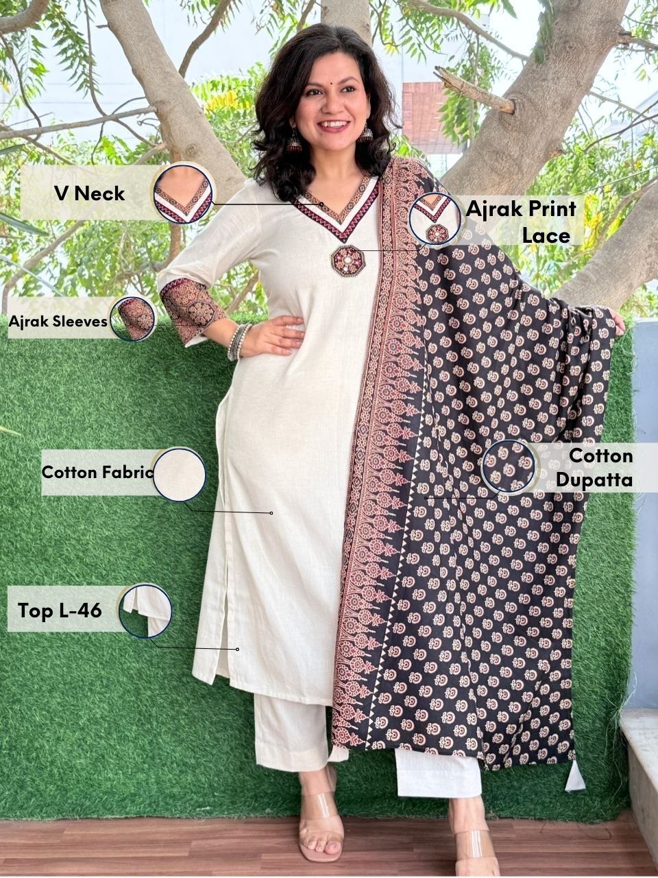 Shaniya Shell White V Neck Ajrak Print lace Work Cotton 3 Piece Set ...
