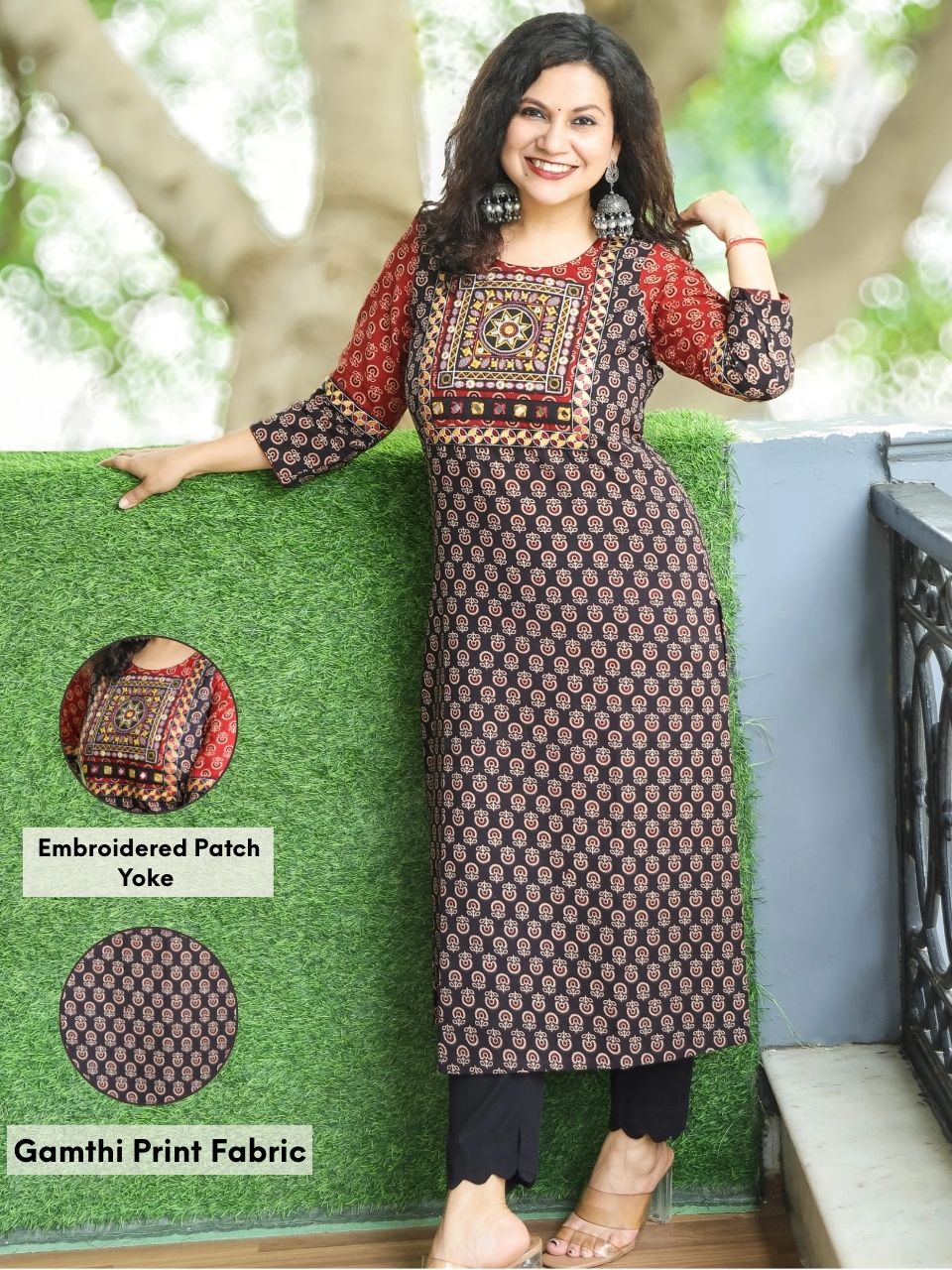 Gauri Ebony Black with Embroidered Patch Yoke in Gamthi Print Cotton K ...