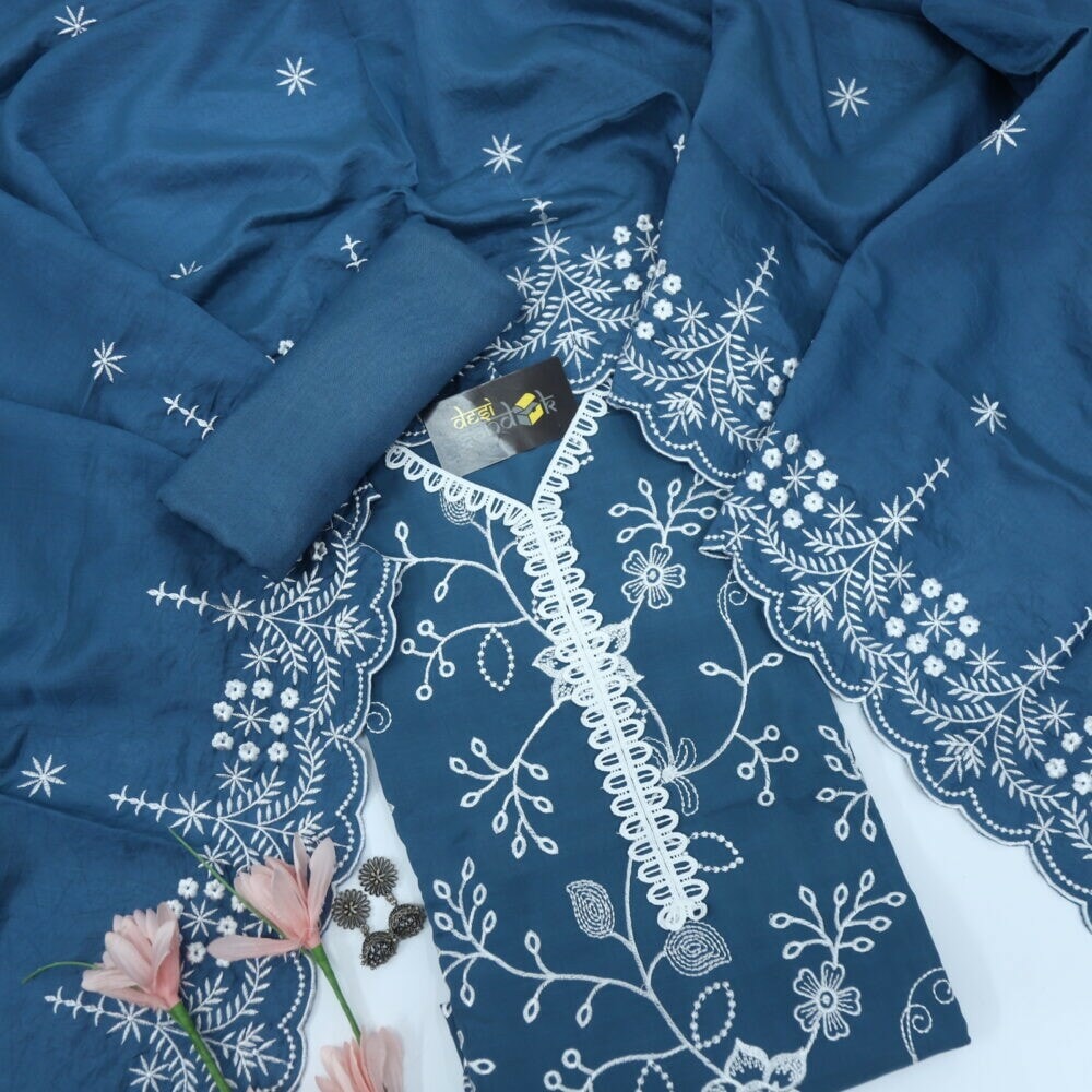Prussian Blue Semi Stitched Lace Work Top and Dupatta Set – Desisandook ...