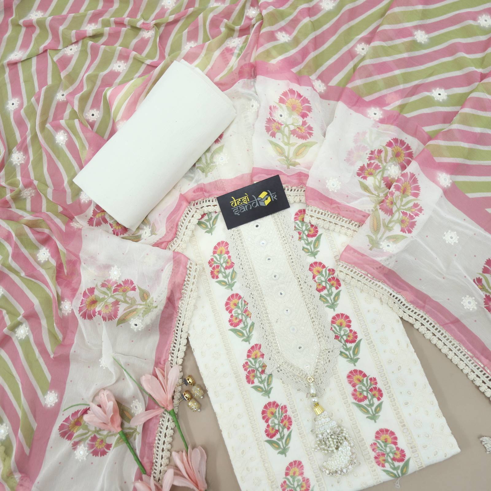 Off-white Schiffli Work Pakistani Suit with Printed Chiffon Dupatta Se ...