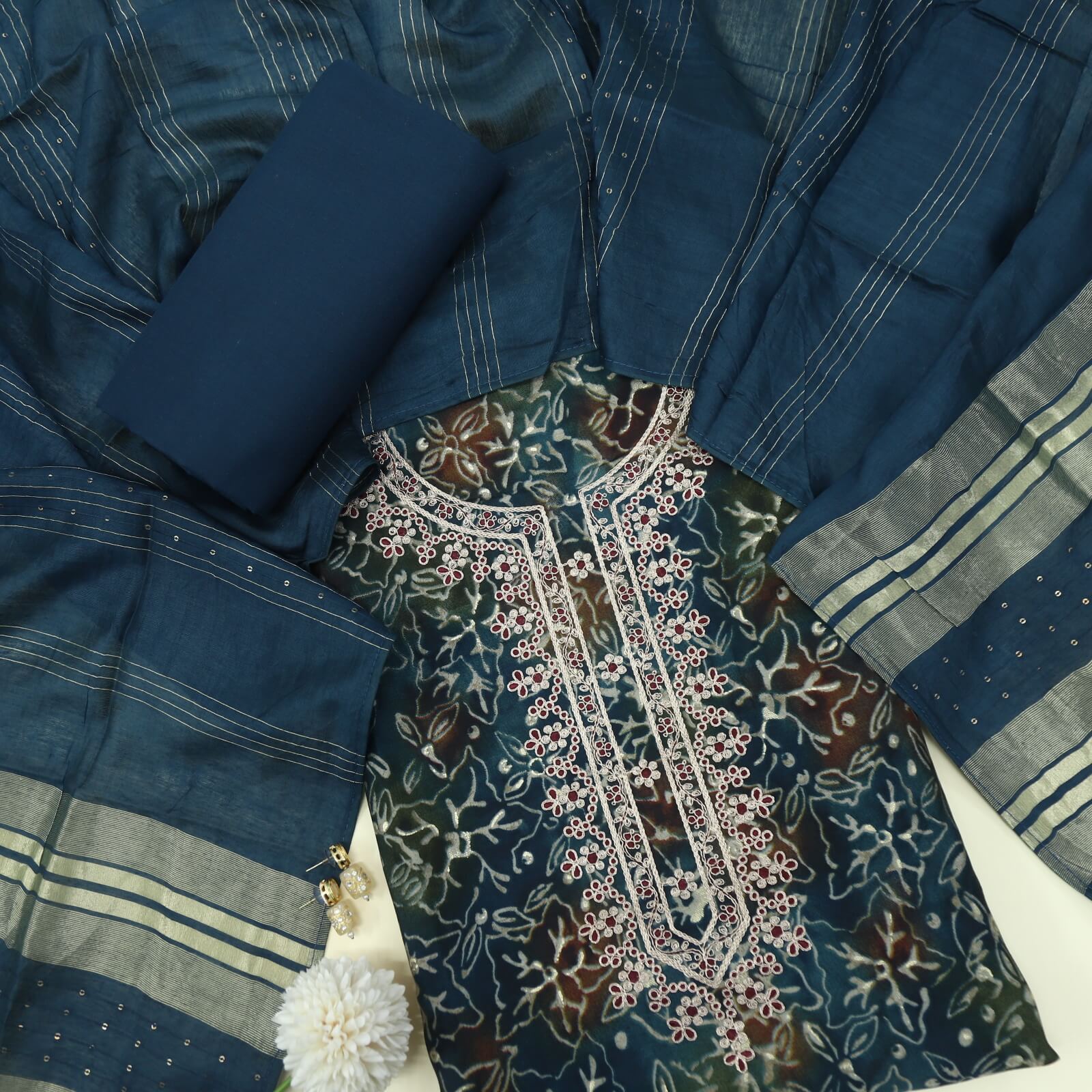 Paasbaan Prussian Blue Pita Work Art Modal Top with Chanderi Silk Dupa ...