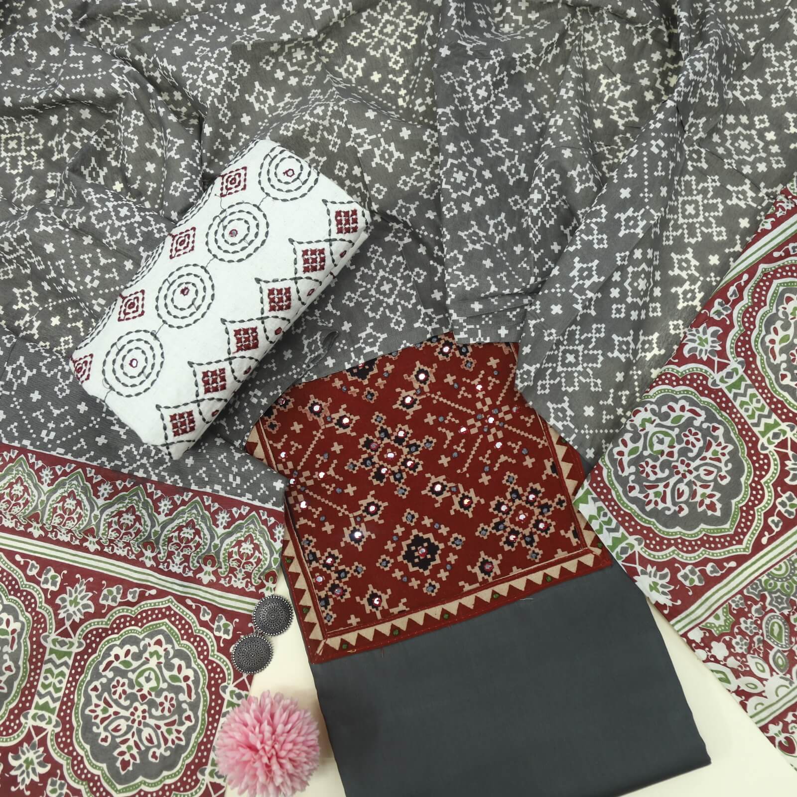 Sugandh Slate Grey Ajrak Patch Jam Satin Top and Thread Work Bottom wi ...