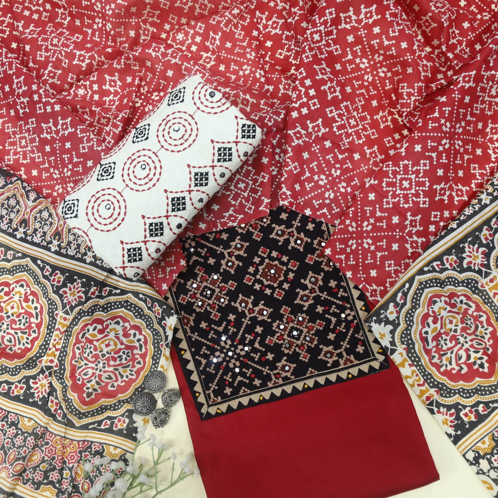Sugandh Maroon Ajrak Patch Jam Satin Top and Thread Work Bottom with A ...