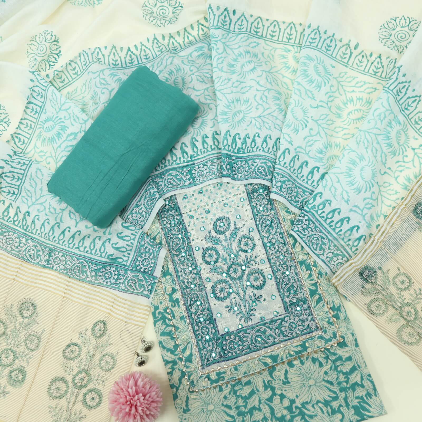 Jahaan Sea Green Schiffli Neck Work Cotton Slub Top with Printed Cotto ...