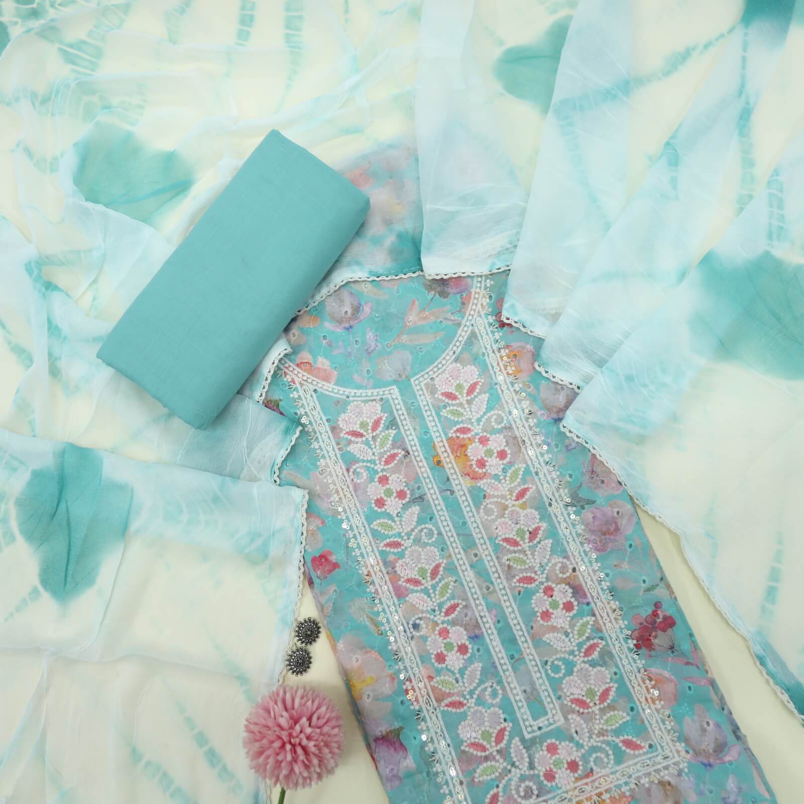 Nigahen Aqua Blue Thread Neck Floral Printed Cotton Schiffli Top with ...