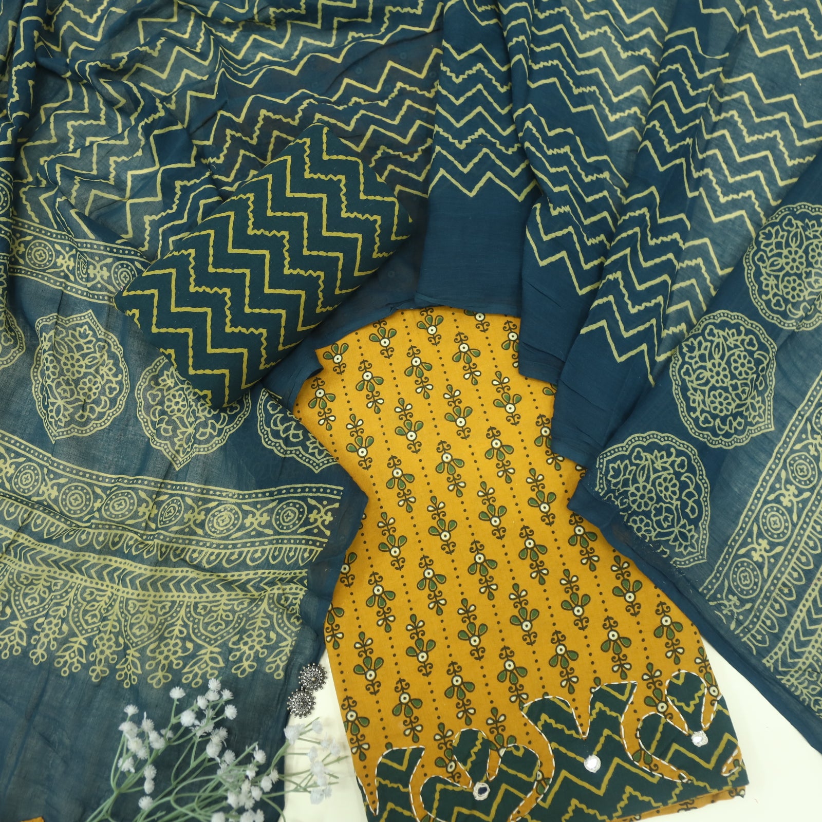 Patang Canary Yellow Applique Work with Ajrak Print Cotton Suit Set ...