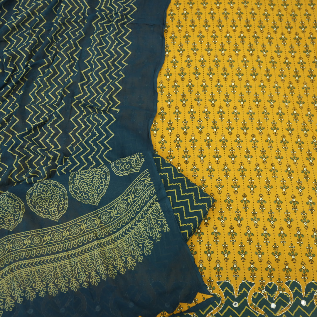 Patang Canary Yellow Applique Work with Ajrak Print Cotton Suit Set ...