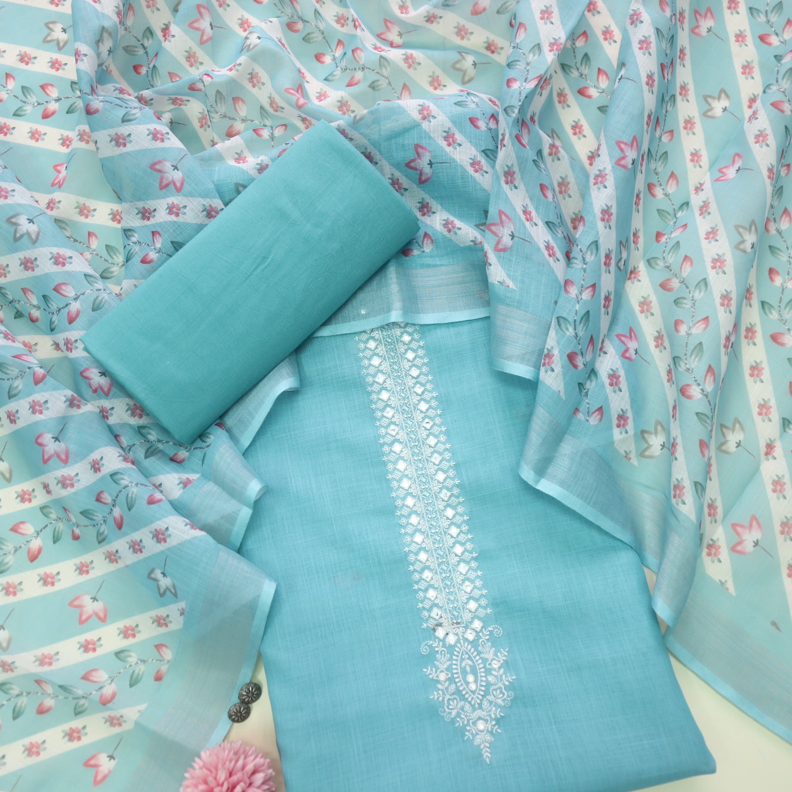 Gujaarish Aqua Blue Thread Embroidery Neck with Mirror Cotton Linen Su ...
