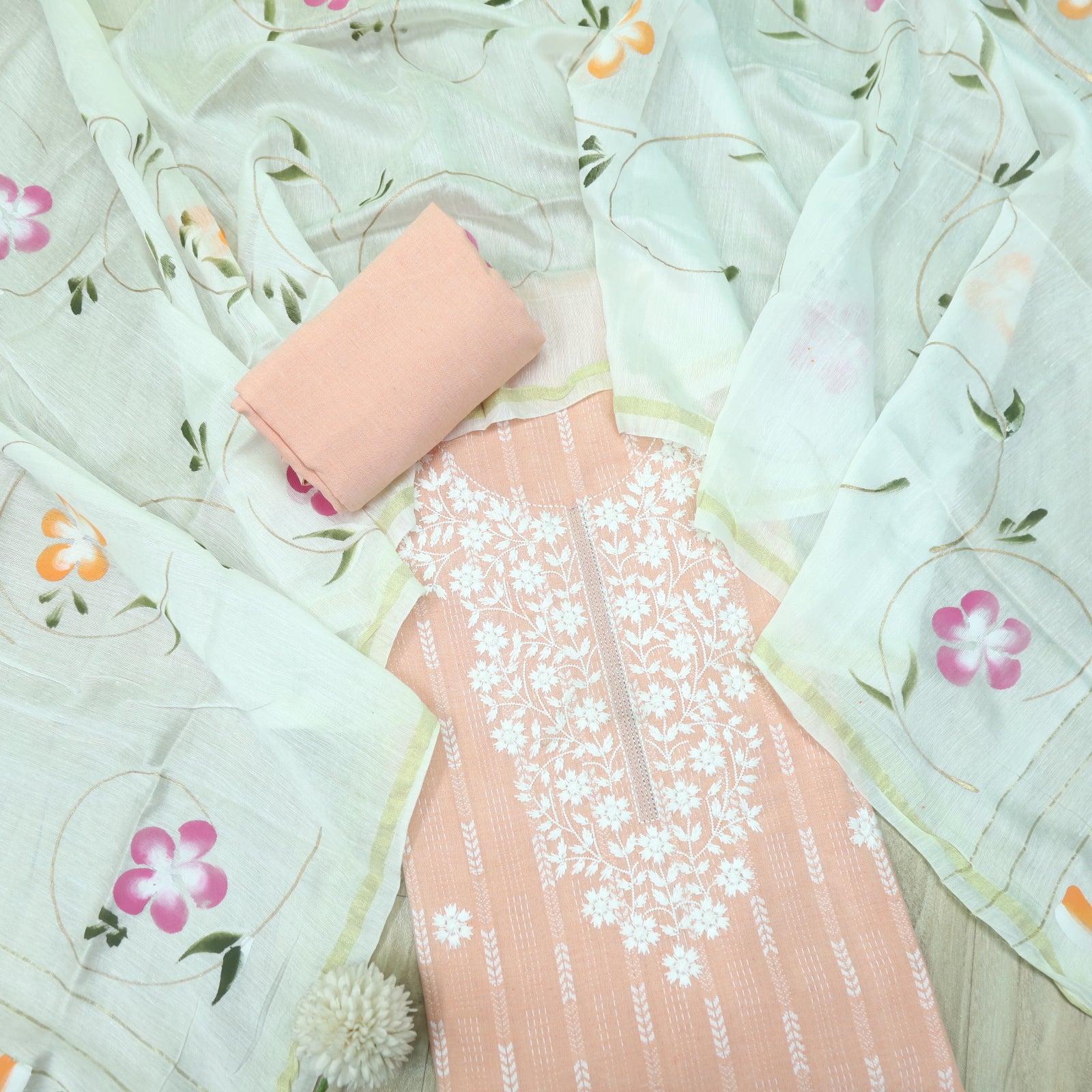 Rubiya Baby Peach Inspired Chikankari Work Neck Cotton Suit Set ...