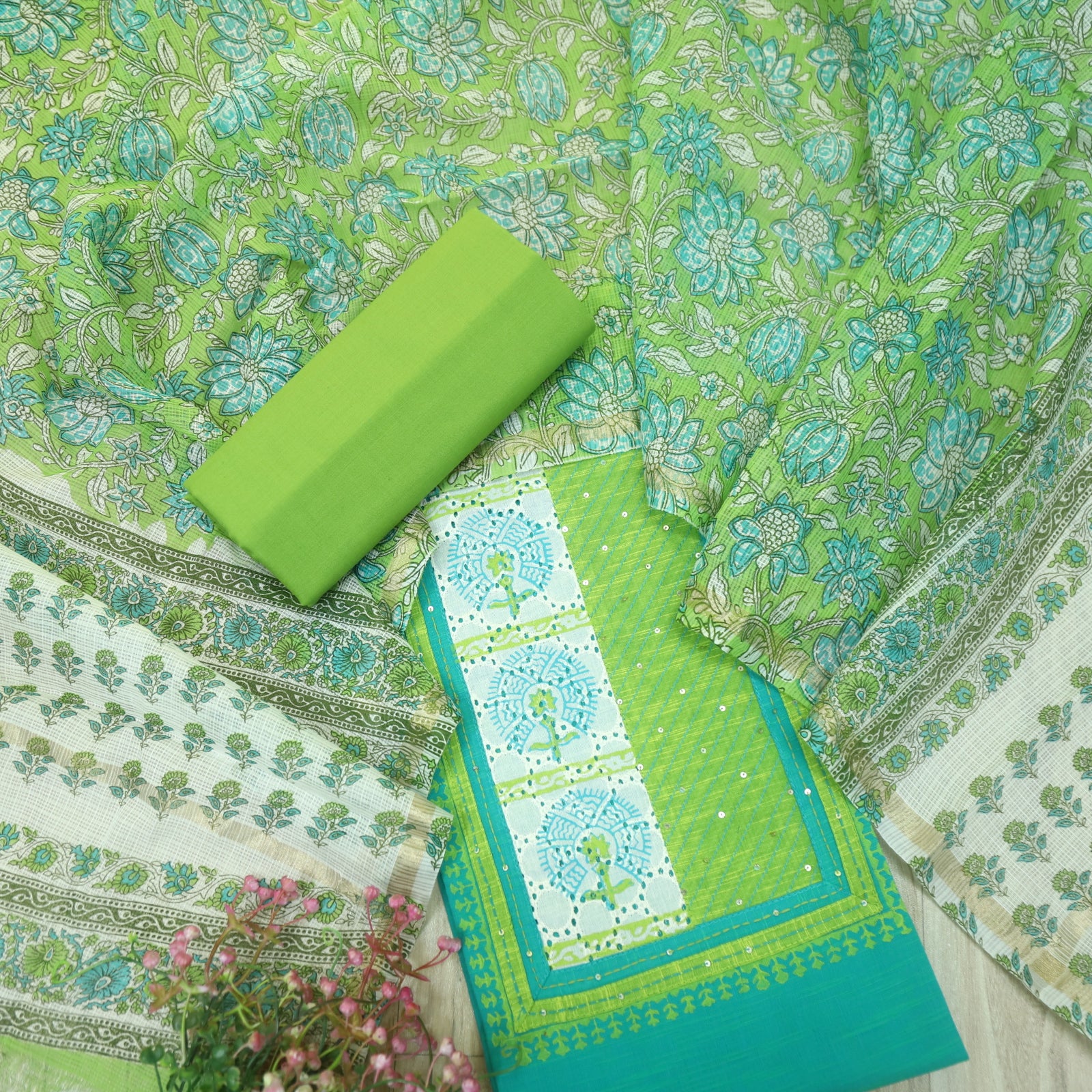 Jahaan Turquoise Green Schiffli Neck Work Printed South Cotton Suit Se ...