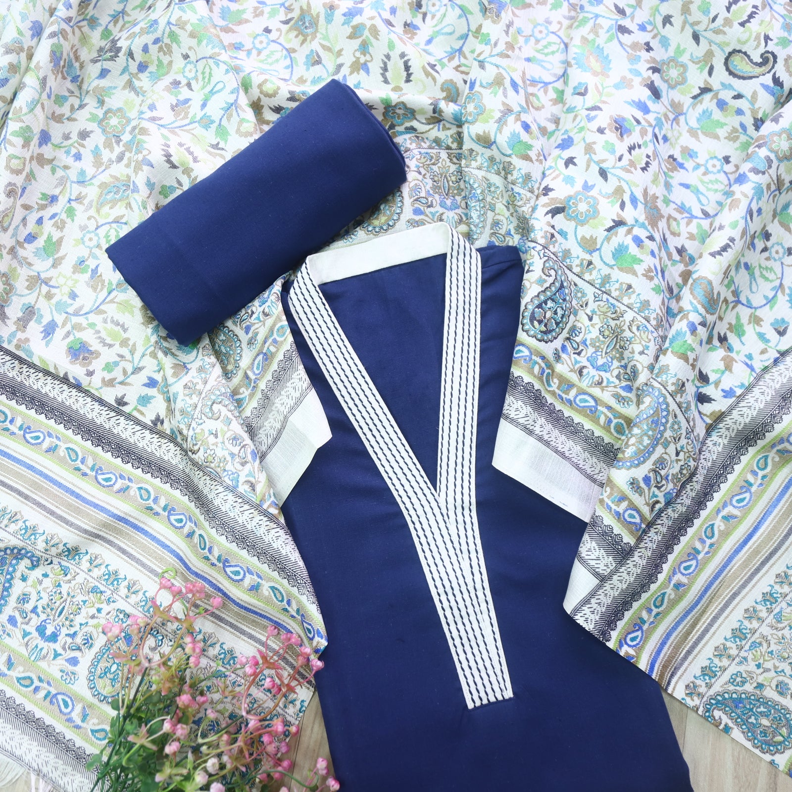Rukshat Royal Blue Running Stitch Work V Neck Cotton Flex Suit Set ...