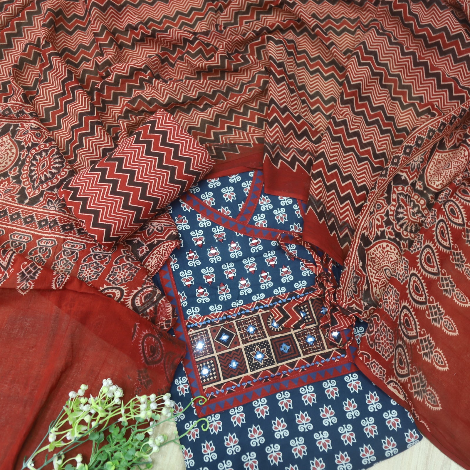 Aatish Midnight Blue Ajrak Print Angrakha Style Cotton Suit Set ...