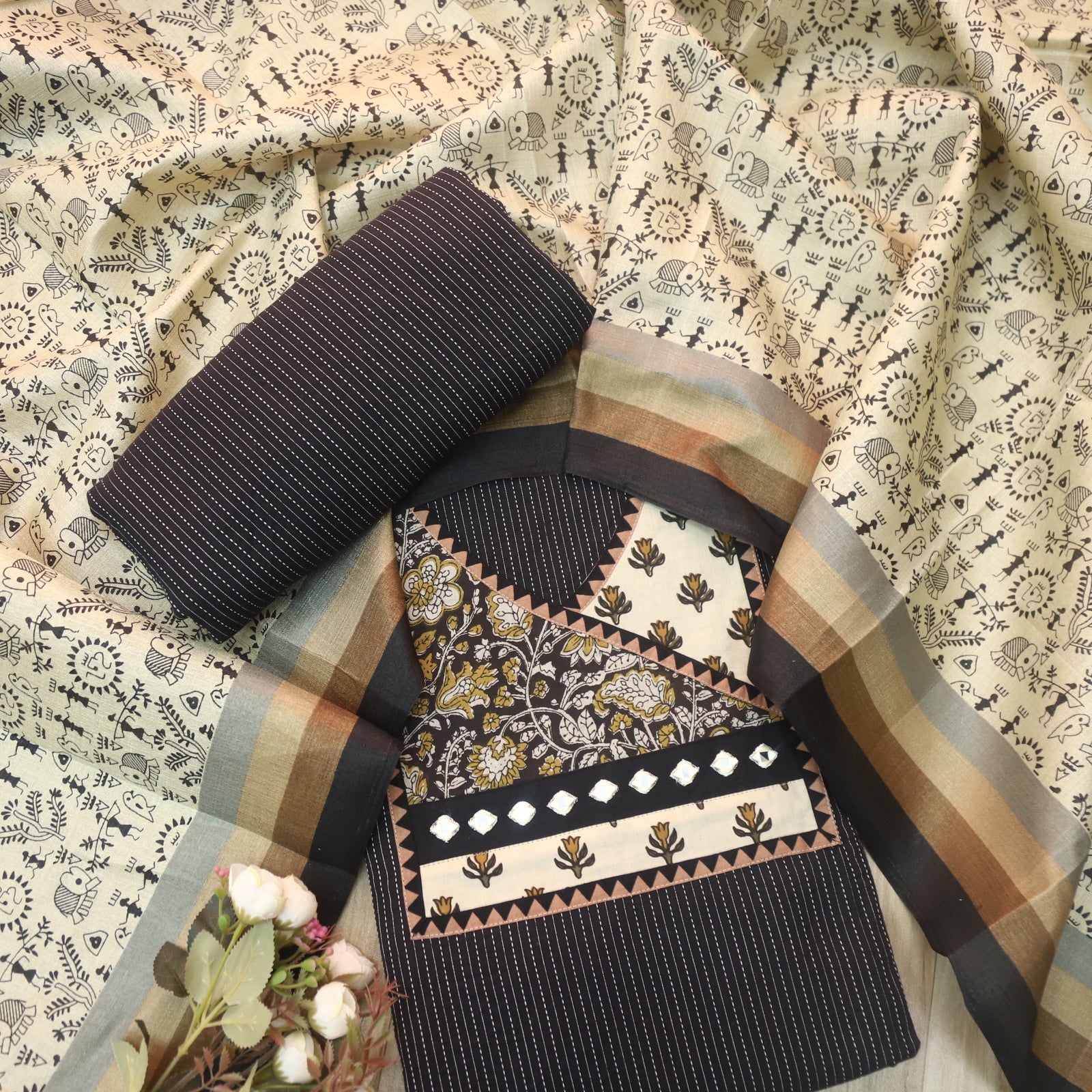 Sulari Raven Black Kalamkari Print Patch in Kantha Angrakha Cotton Sui ...