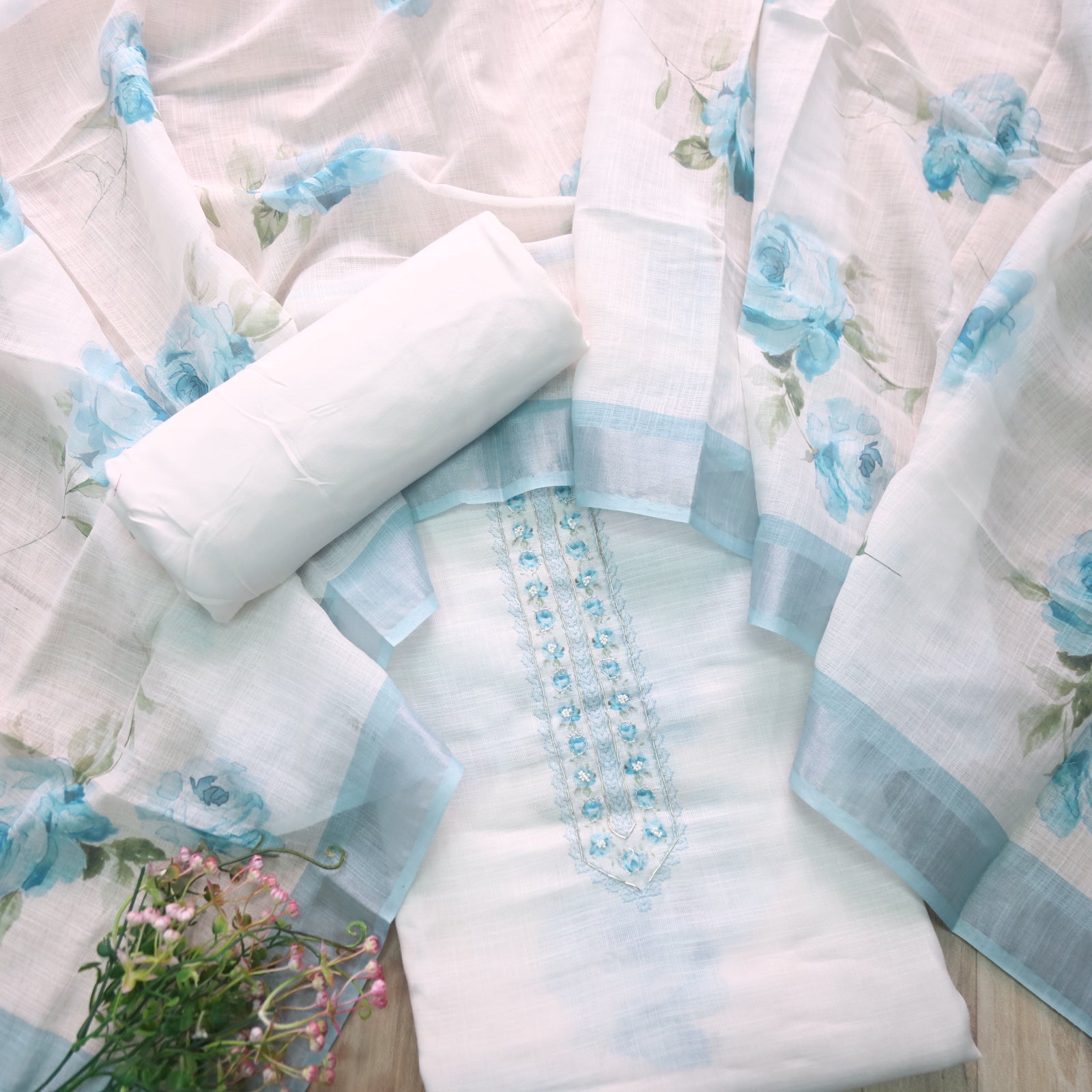 Tarasi White with Blue Floral Print with Spiral Work Cotton Linen Suit ...