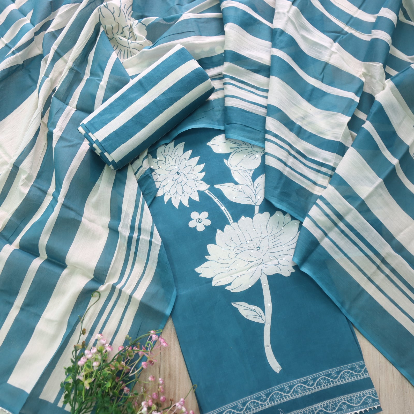 Ruaa Teal Blue Patra Work in Digital Floral Printed Cotton Suit Set ...