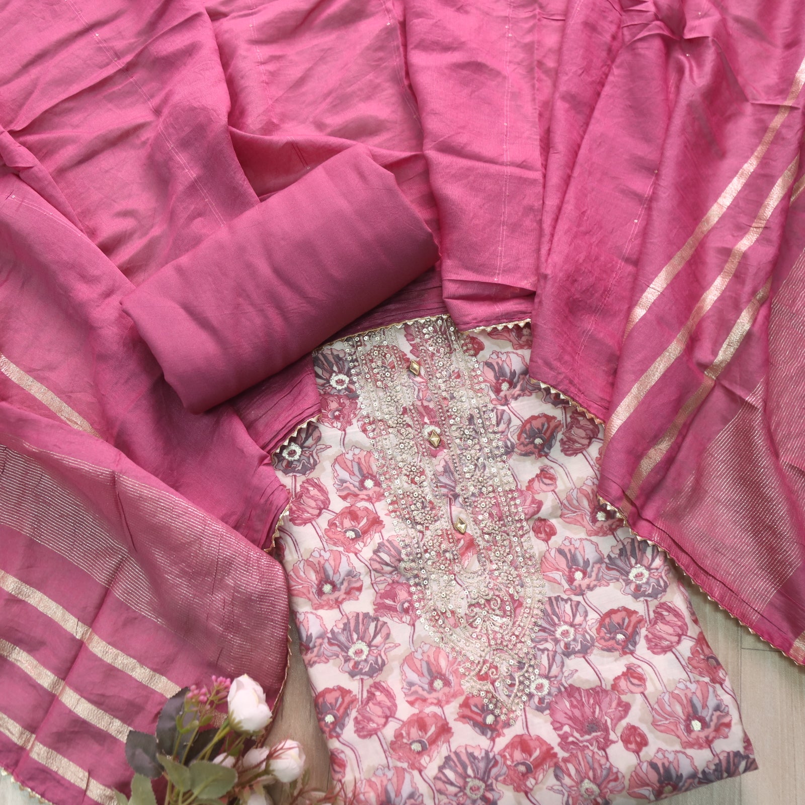 Salaami Beige With Pink Floral Printed Embellish Zari Neck Modal Suit ...