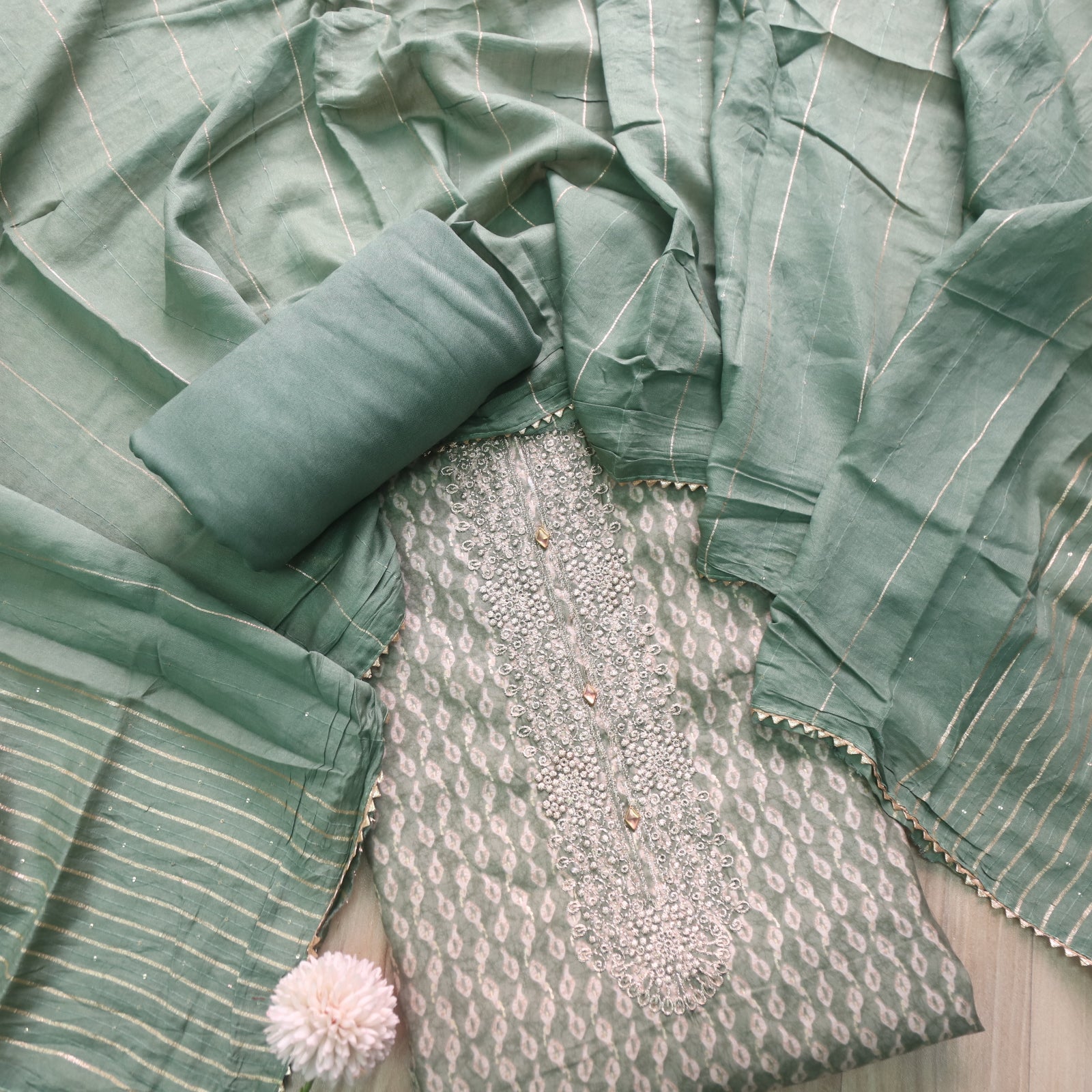 Salaami Sage Green Printed Embellish Zari Neck Work Modal Suit Set ...
