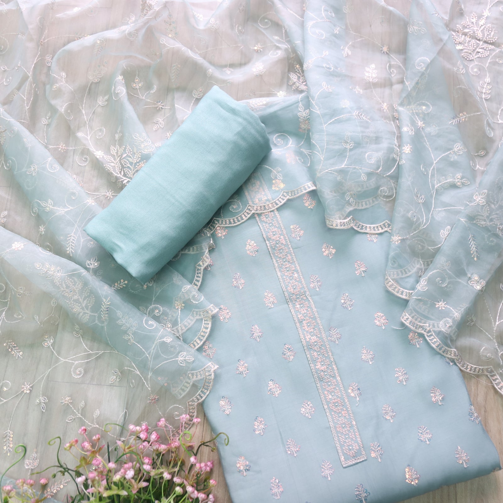 Ada Baby Azure Blue with All Over Sequence Cut Work Hem Modal Suit Set ...