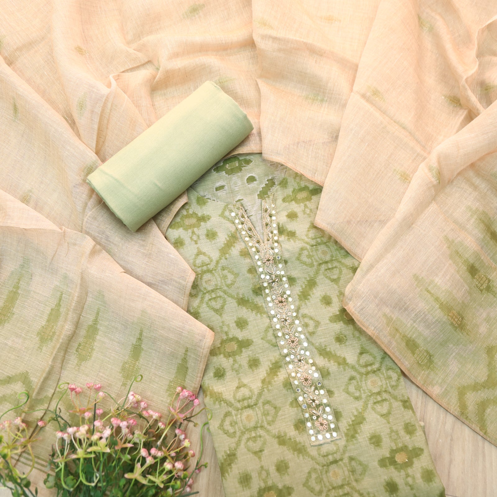Alhada Mint Green Embellish Neck with Zari Weaved Chanderi Suit Set ...