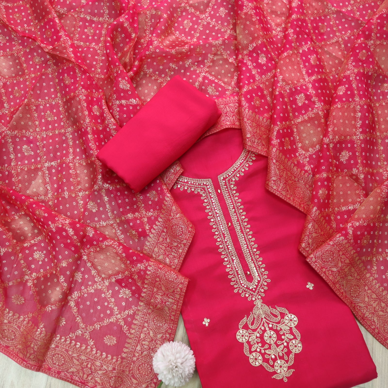 Aasha Rani Pink Zari Embroidery Neck Work Dola Silk Suit Set ...