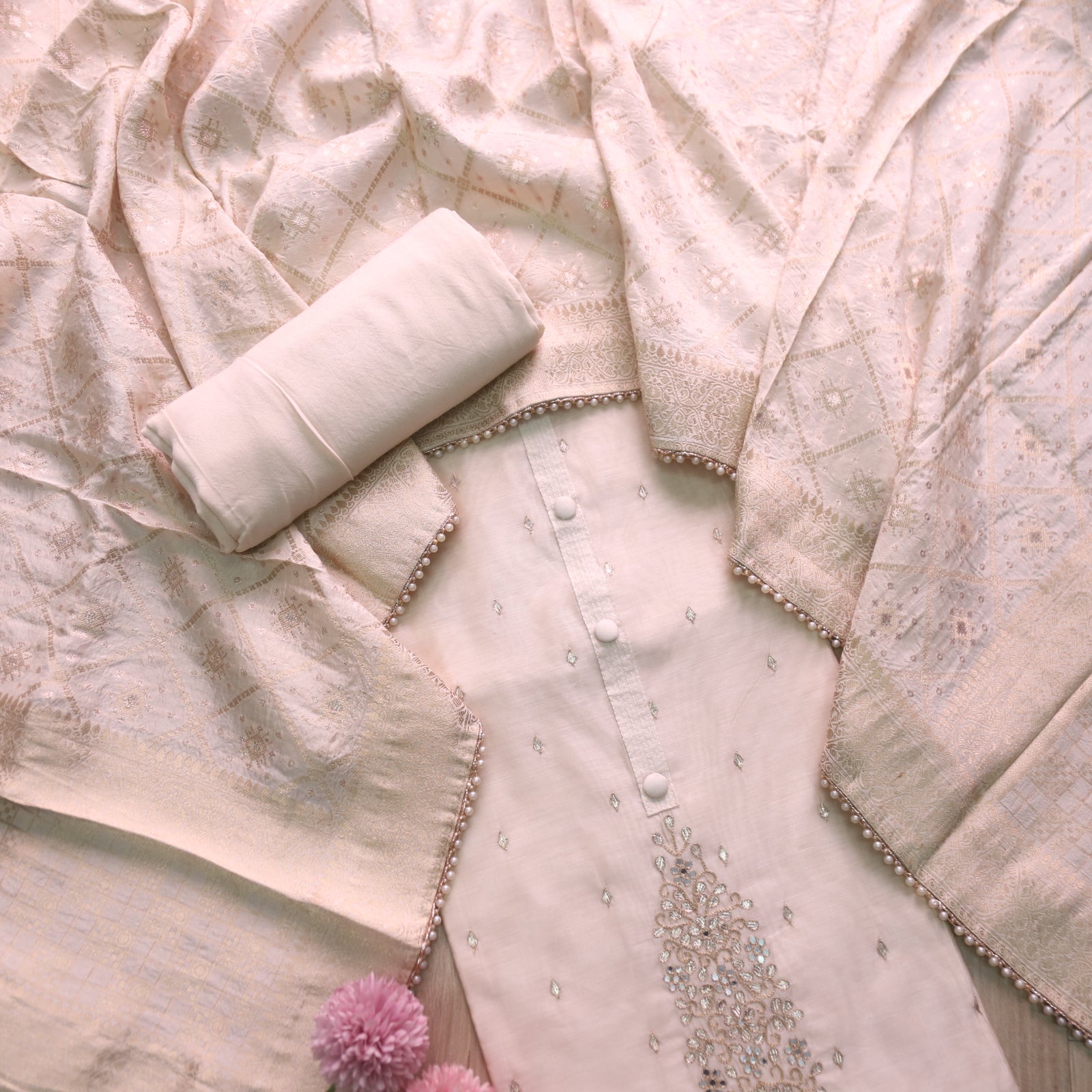 Alhada Cream Beige Embellish Neck with Parta Work Chanderi Suit Set ...