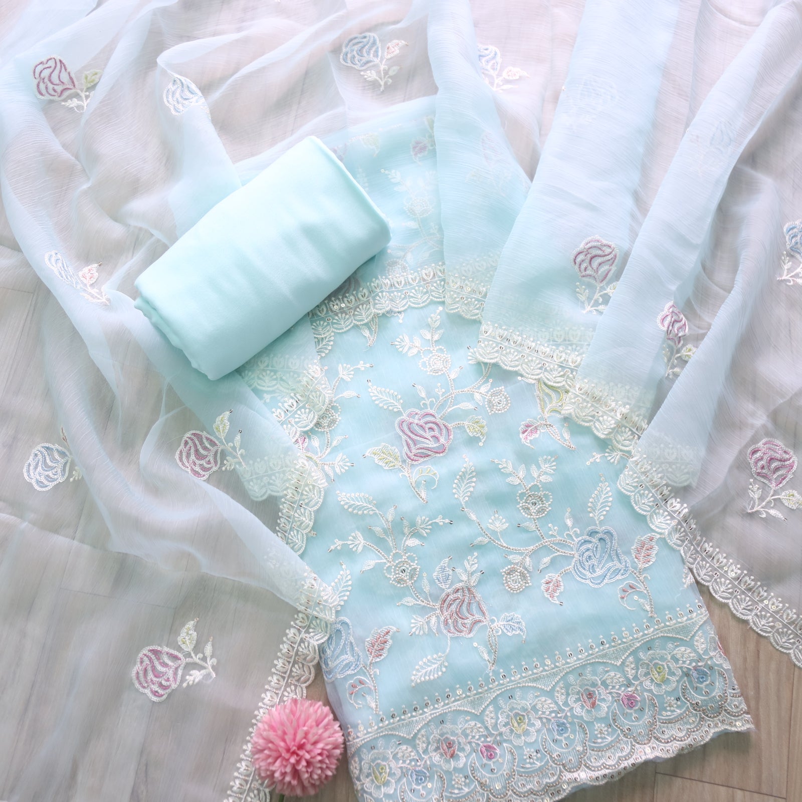 Kavya Aqua Blue Thread Embroidered Work Organza Suit Set – Desisandook ...