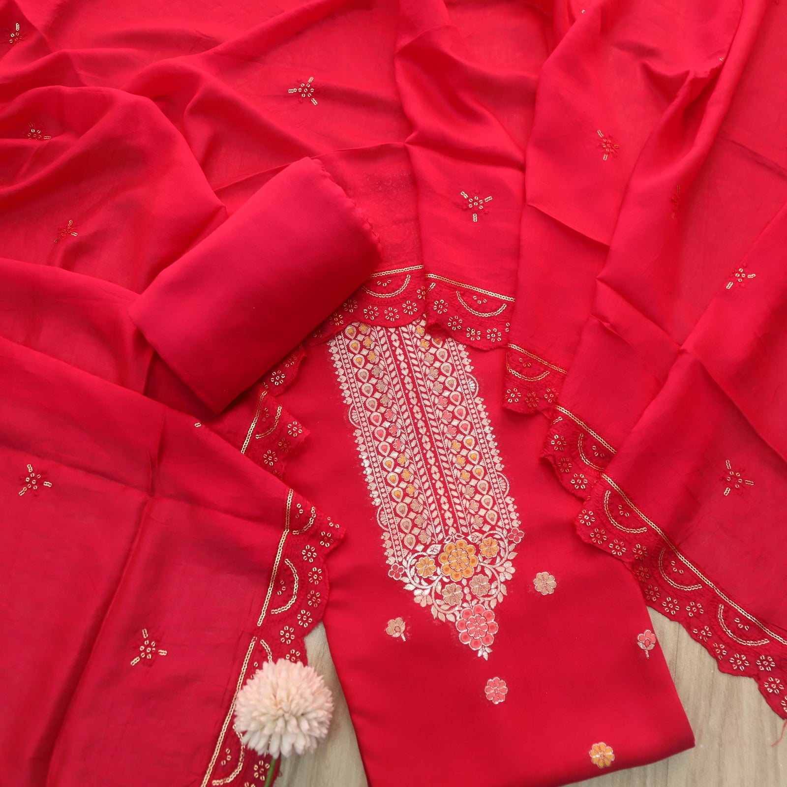 Deedar Hot Summer Pink Zari Weaved Neck Dola Silk Suit Set ...