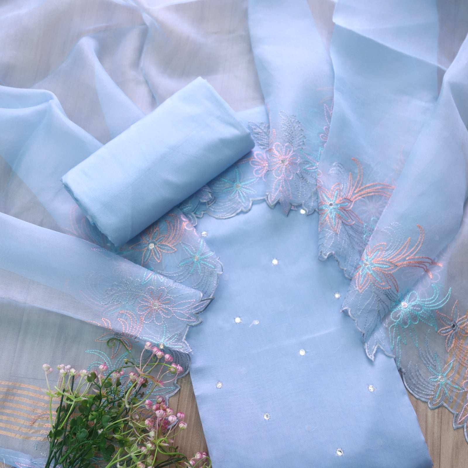 Gulshan Maya Blue Patra Work Premium Pure Chanderi Suit Set ...