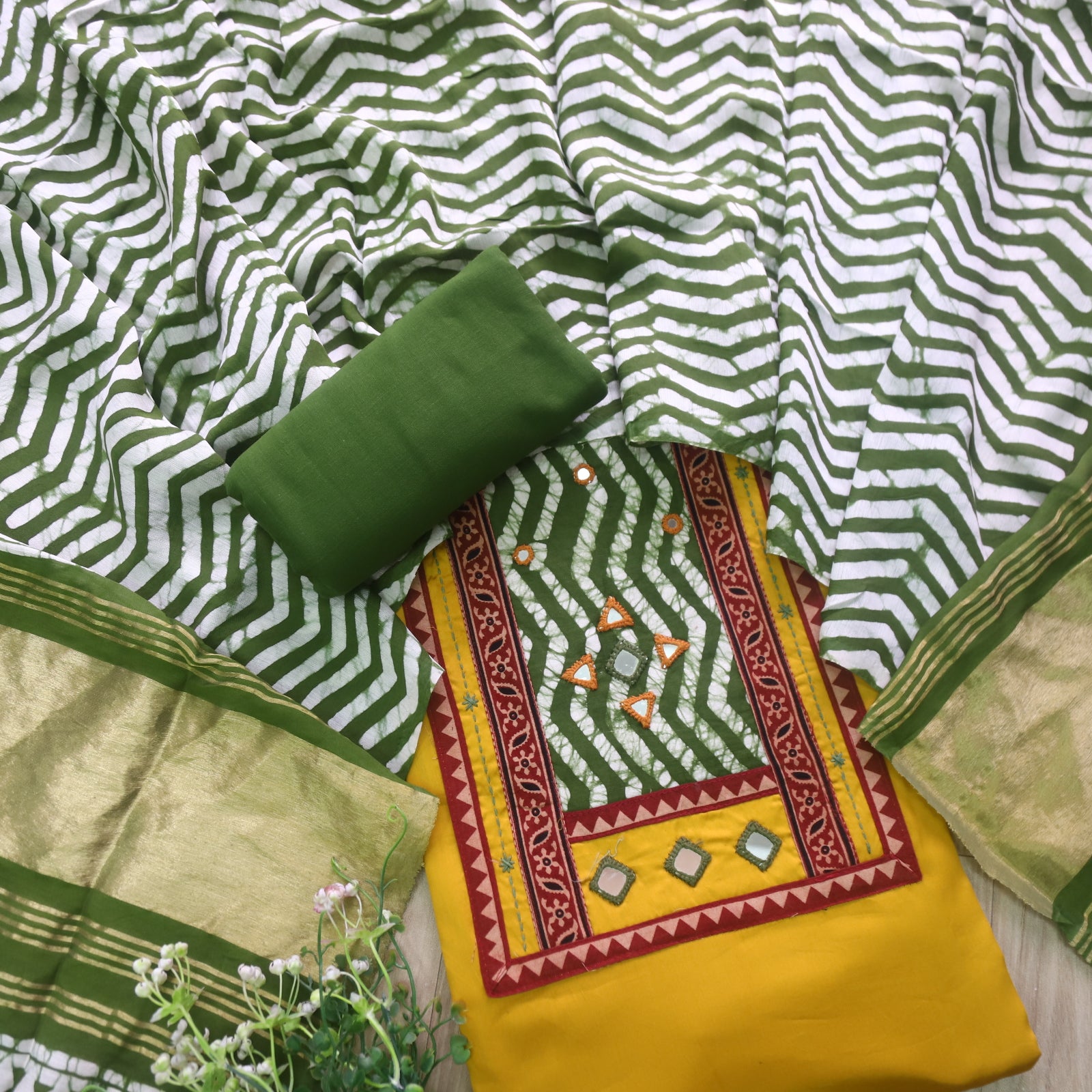 Ahisma Corn Yellow Patch Work Neck With Mirror Jam Cotton Satin Suit S ...