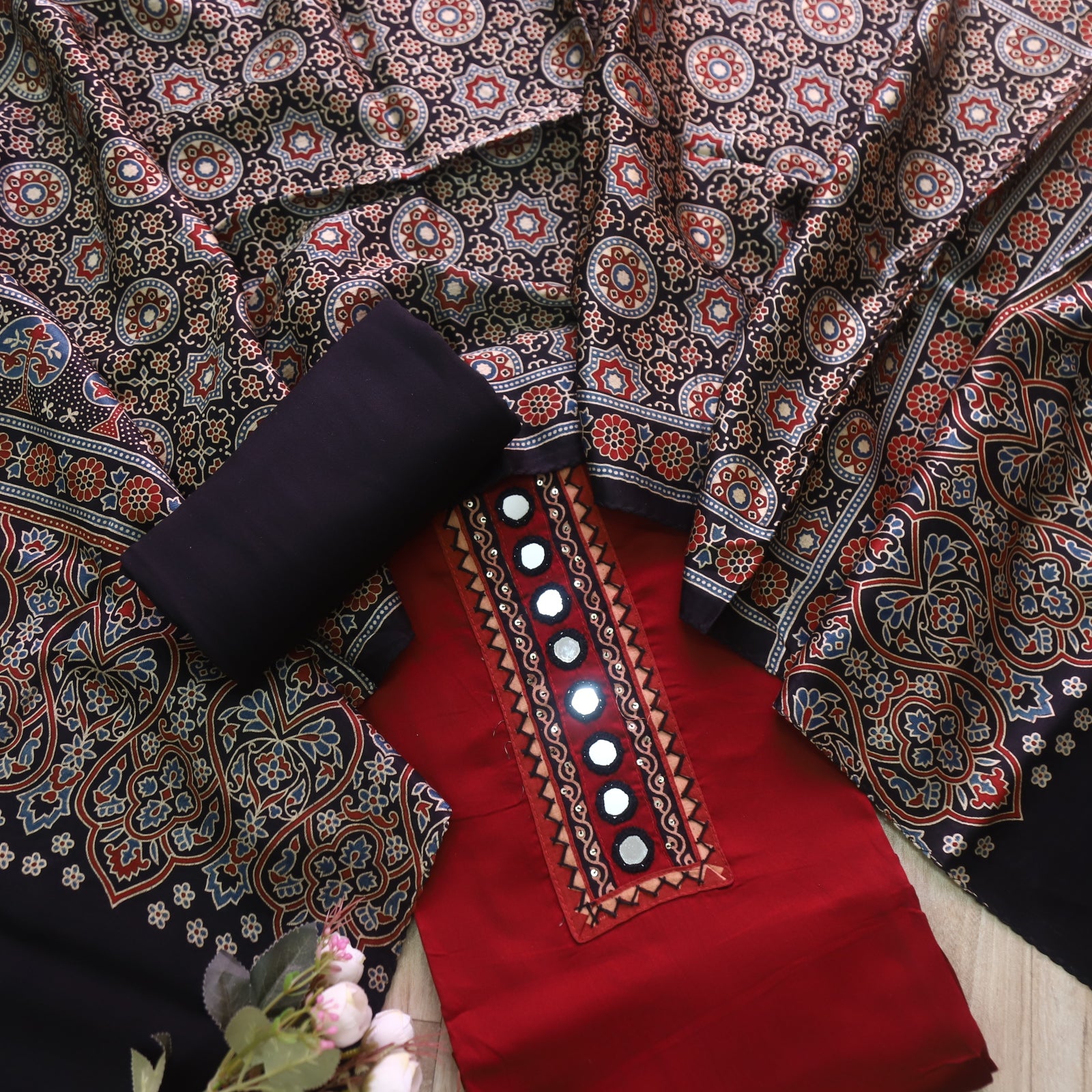 Sulari Crimson Red with Mirror Work Patch Jam Cotton Satin Suit Set ...