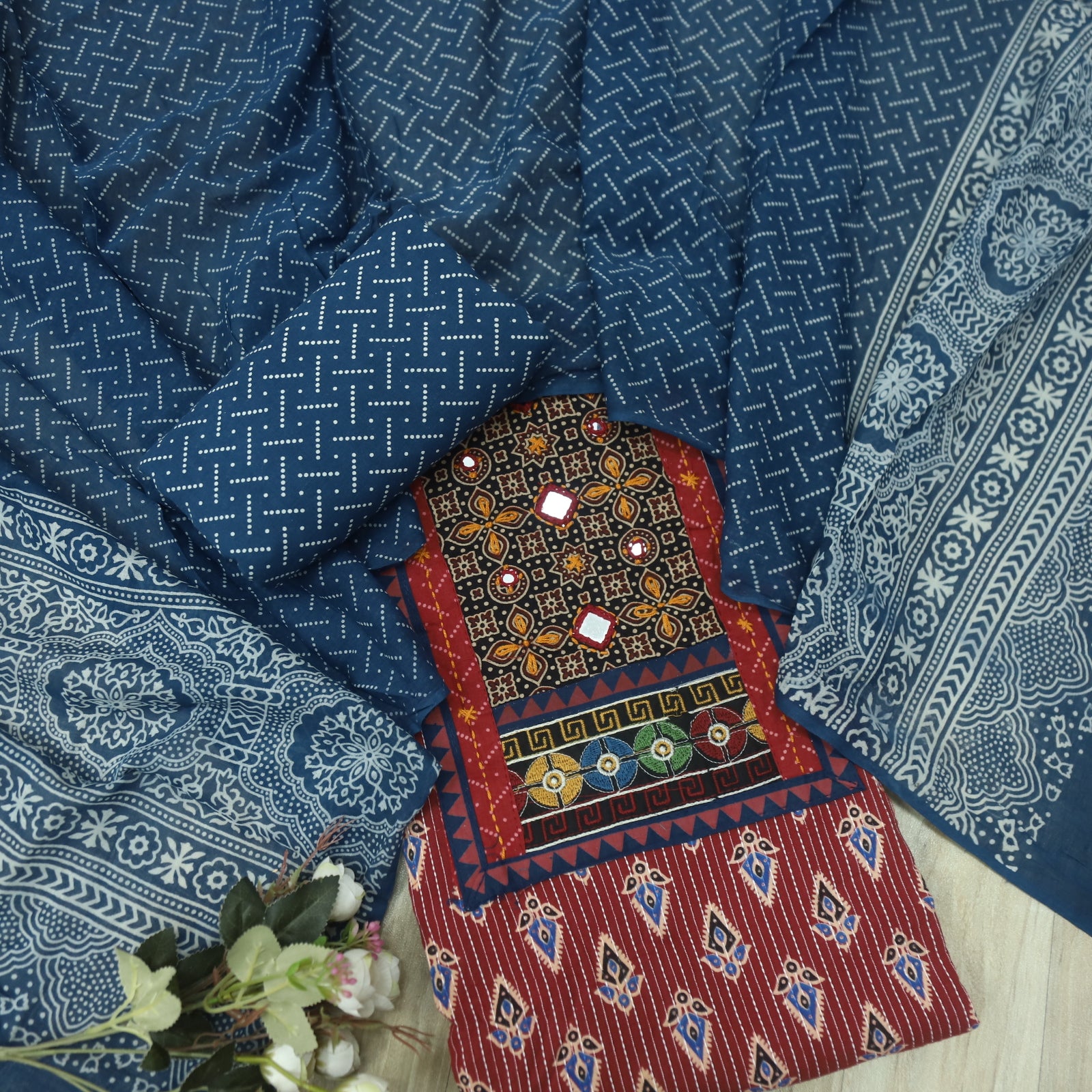 Ada Cherry Red Mirror Work with Patch in Ajrak Printed Cotton Suit Set ...