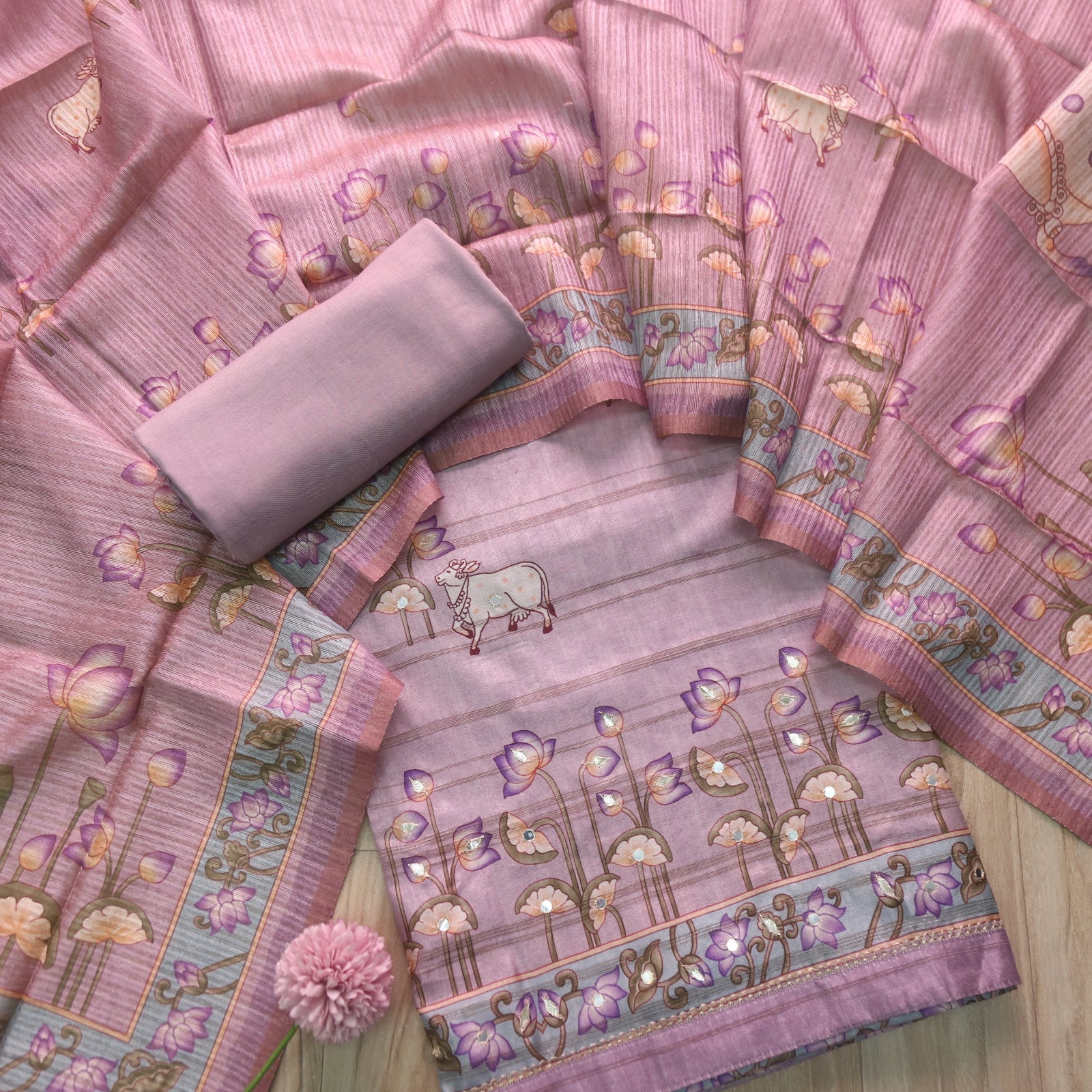 Veriya Lavender Floral Printed Hem with Patra Work Chanderi Silk Suit ...