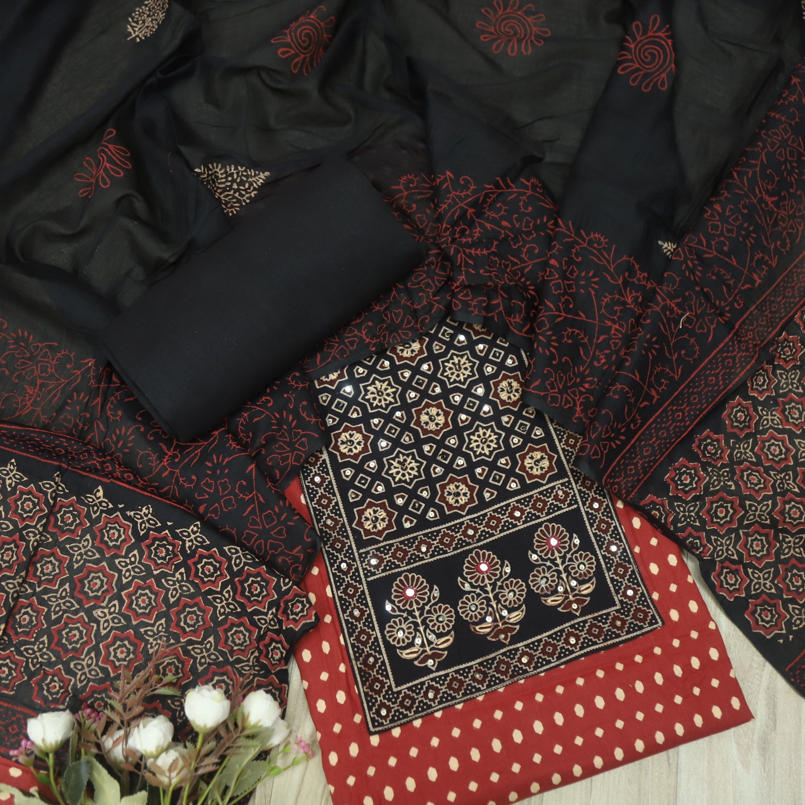 रुबानी Apple Red Ajrak Patch Neck Work Printed Cotton Suit Set ...