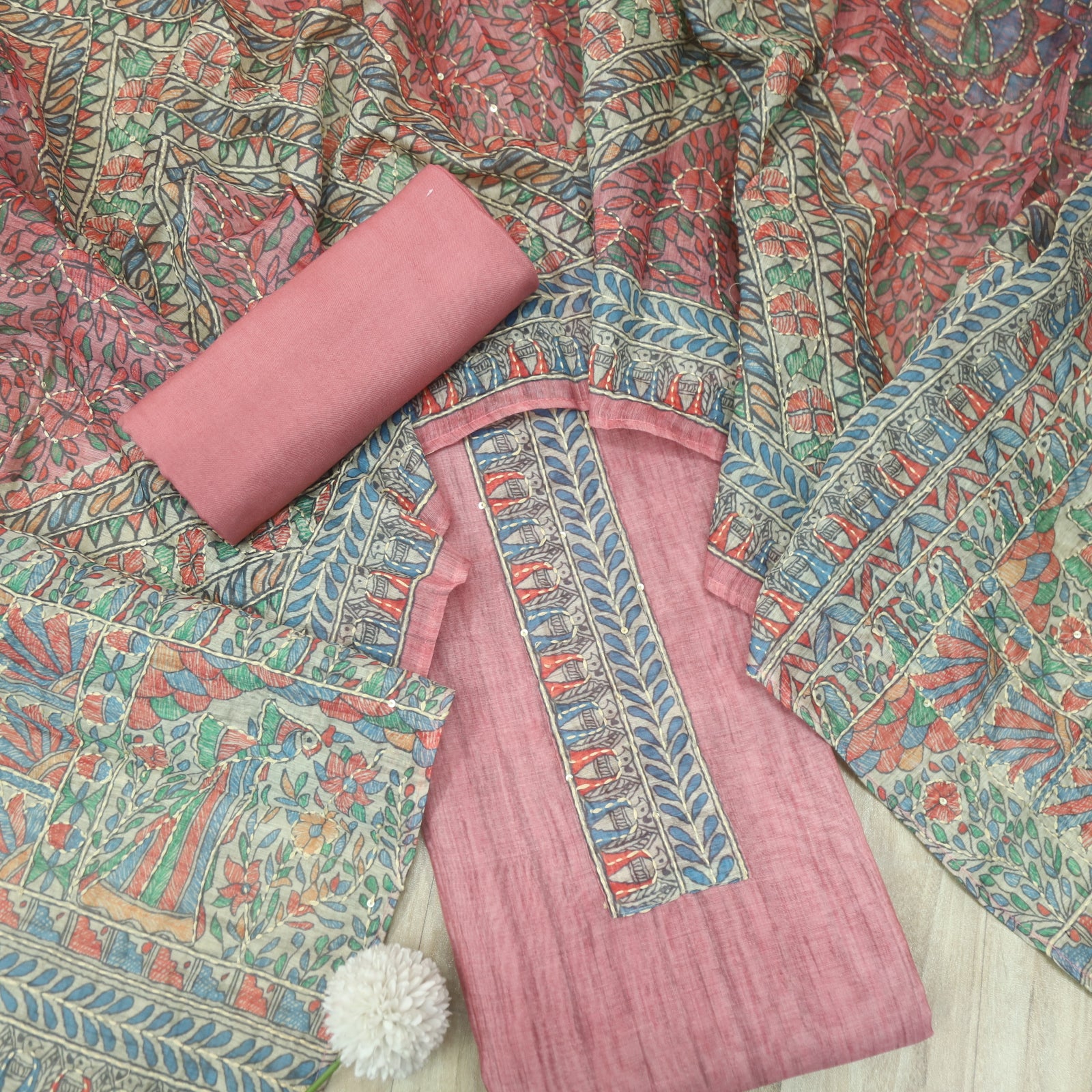 Khalasi Candy Pink Madhubani Printed Chanderi Kantha Work Suit Set ...