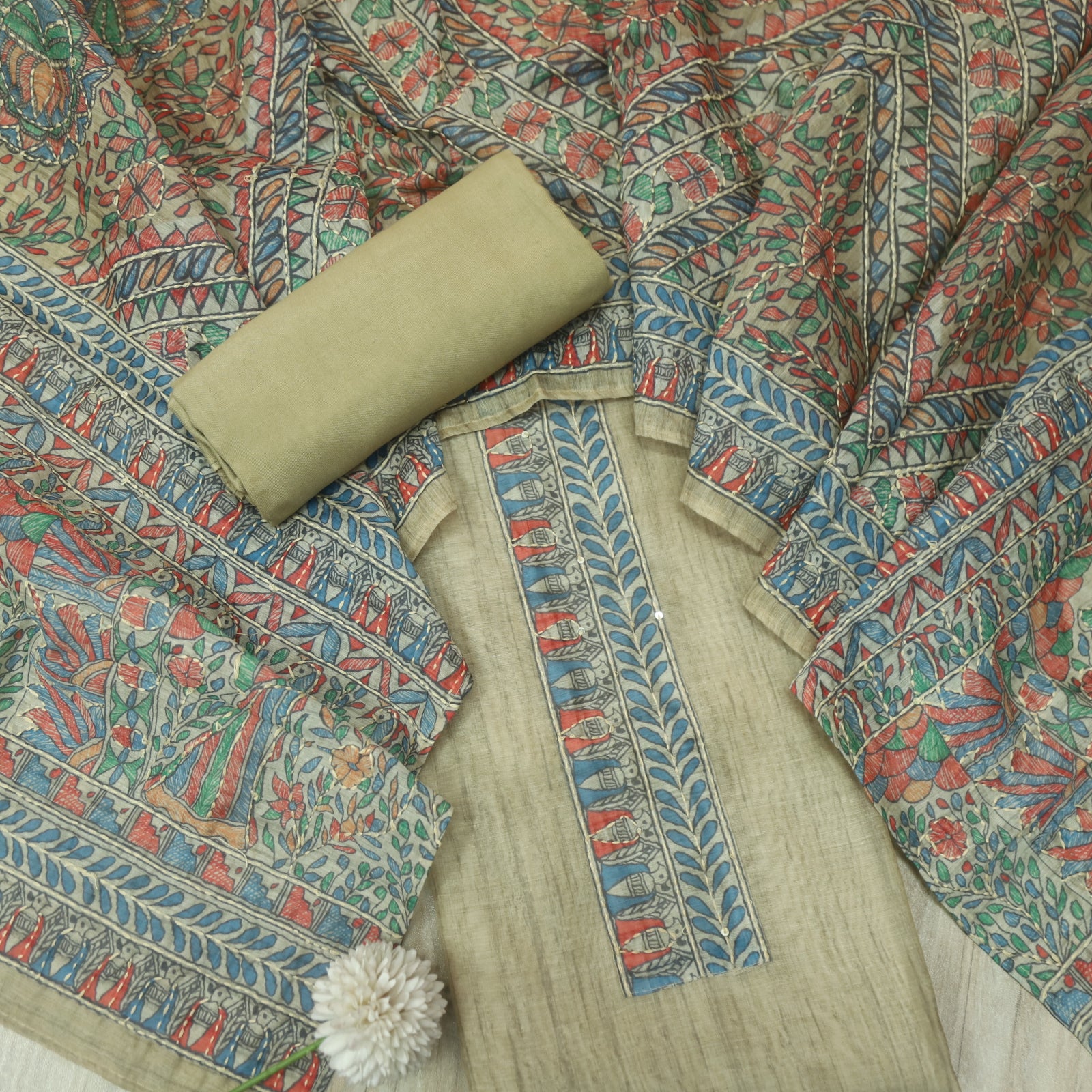 Khalasi Butter Beige Madhubani Printed Chanderi Kantha Work Suit Set ...