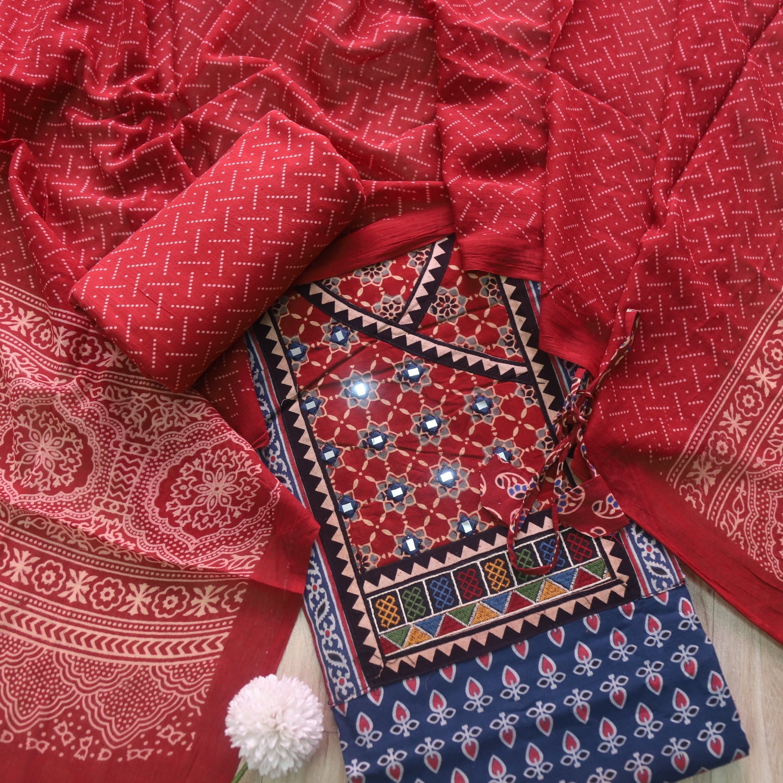 Falak Denim Blue Angrakha Style Neck Ajrak Printed Cotton Suit Set ...