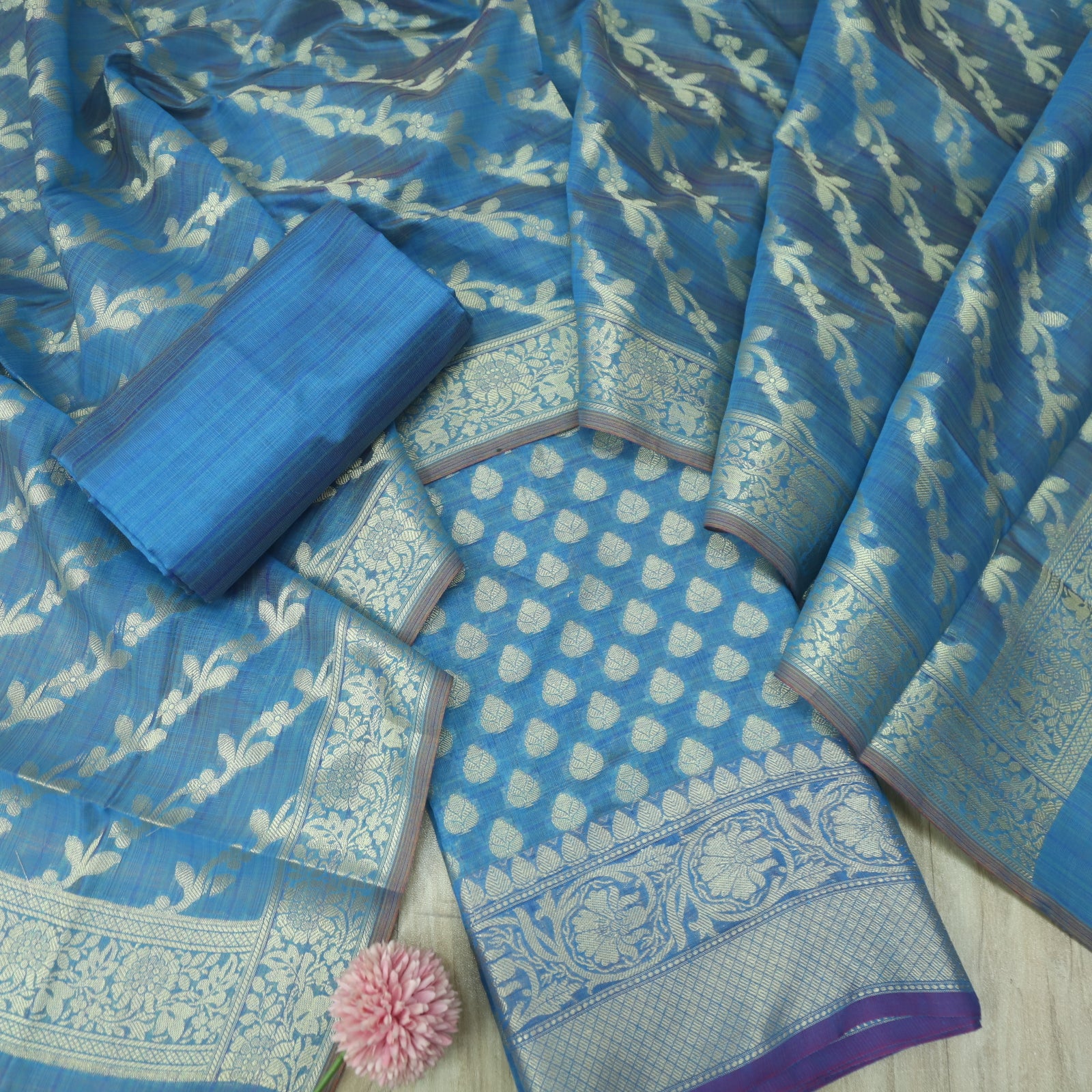 Veriya Cerulean Blue All Over Brocade Work details Handloom Chanderi S ...