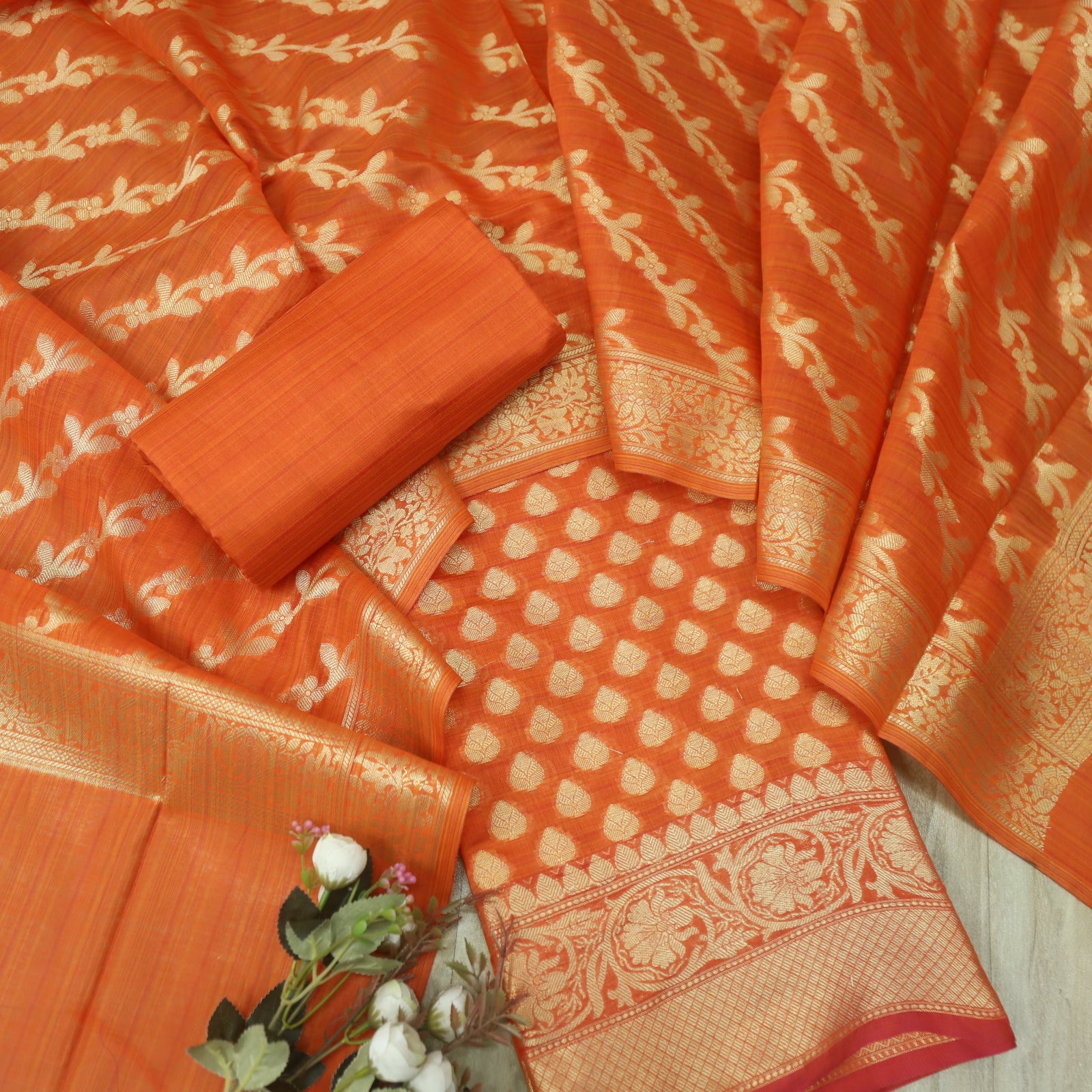 Veriya Tangerine Orange All Over Brocade Work details Handloom Chander ...