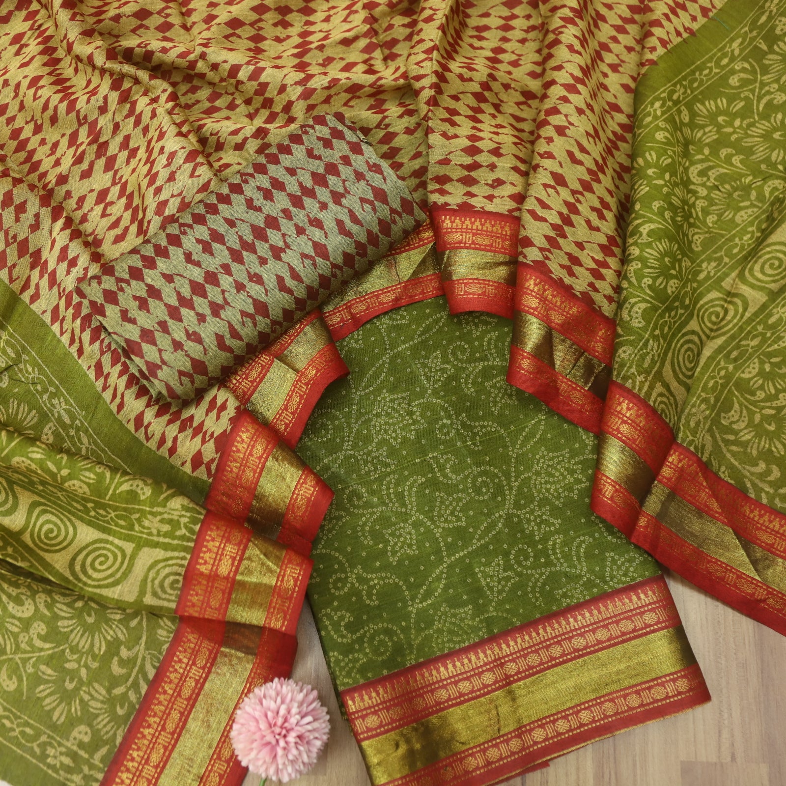 Aaradhaya Grasshopper Green Bandhani Printed Mangalgiri Hem Work Cotto ...