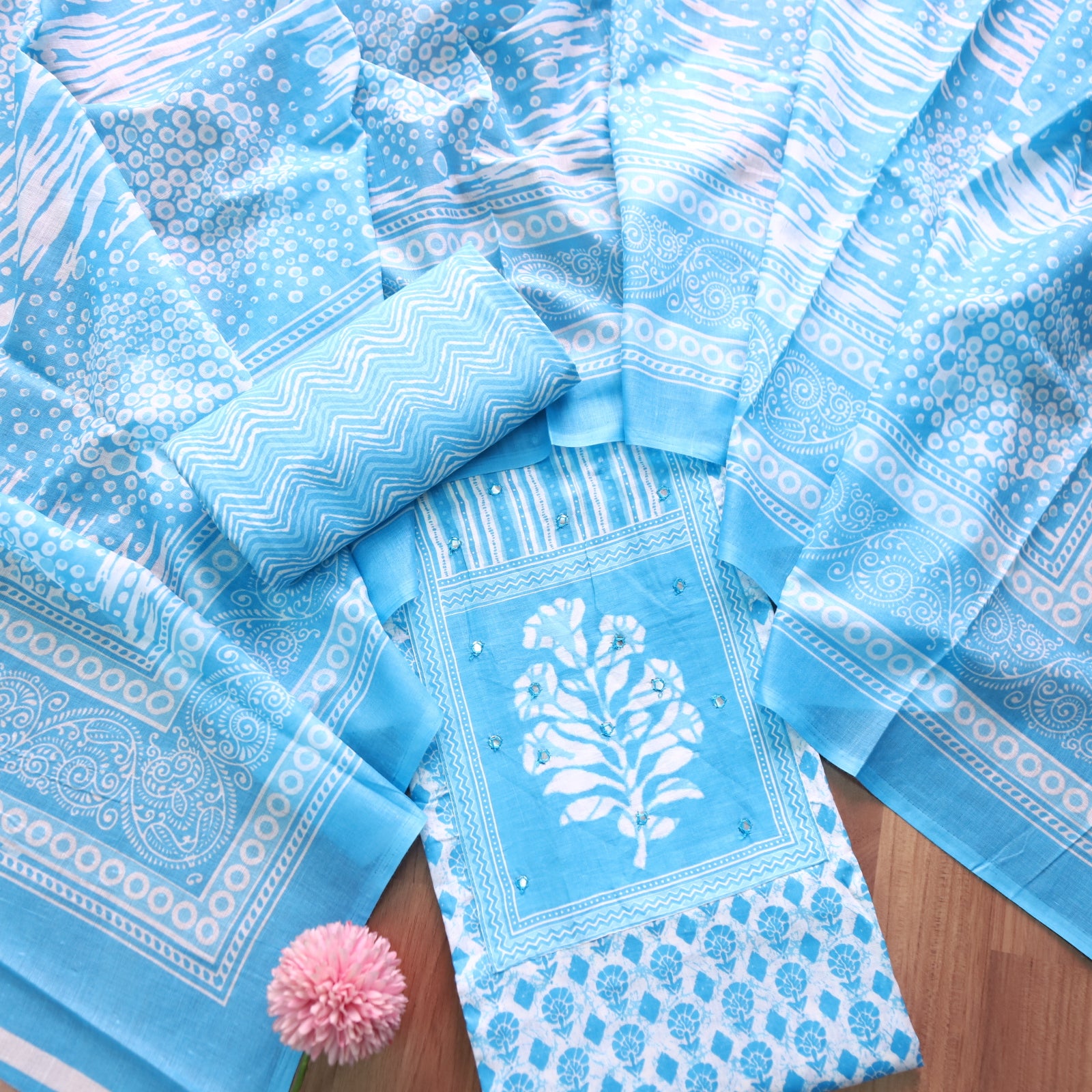 Riwa Dodger Blue Patra Detailing Floral Printed Cotton Suit Set ...