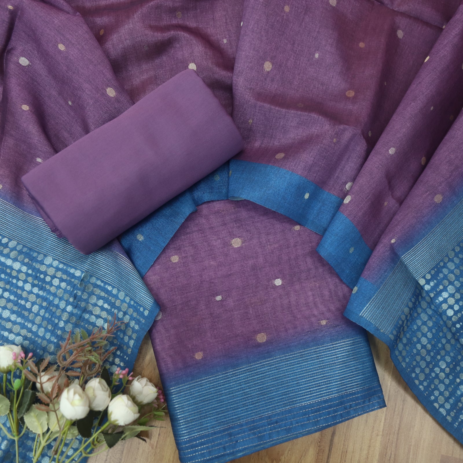 Rashiya French Violet Zari with Authentic Jamdani Weaved Chanderi Suit ...
